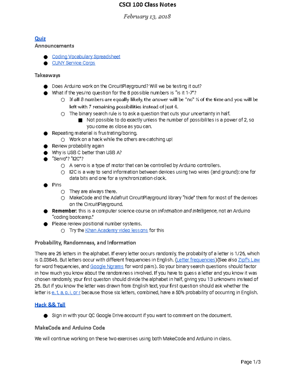 2018-02-13 Class Notes - CSCI 100 Class Notes February 13, 2018 Quiz ...