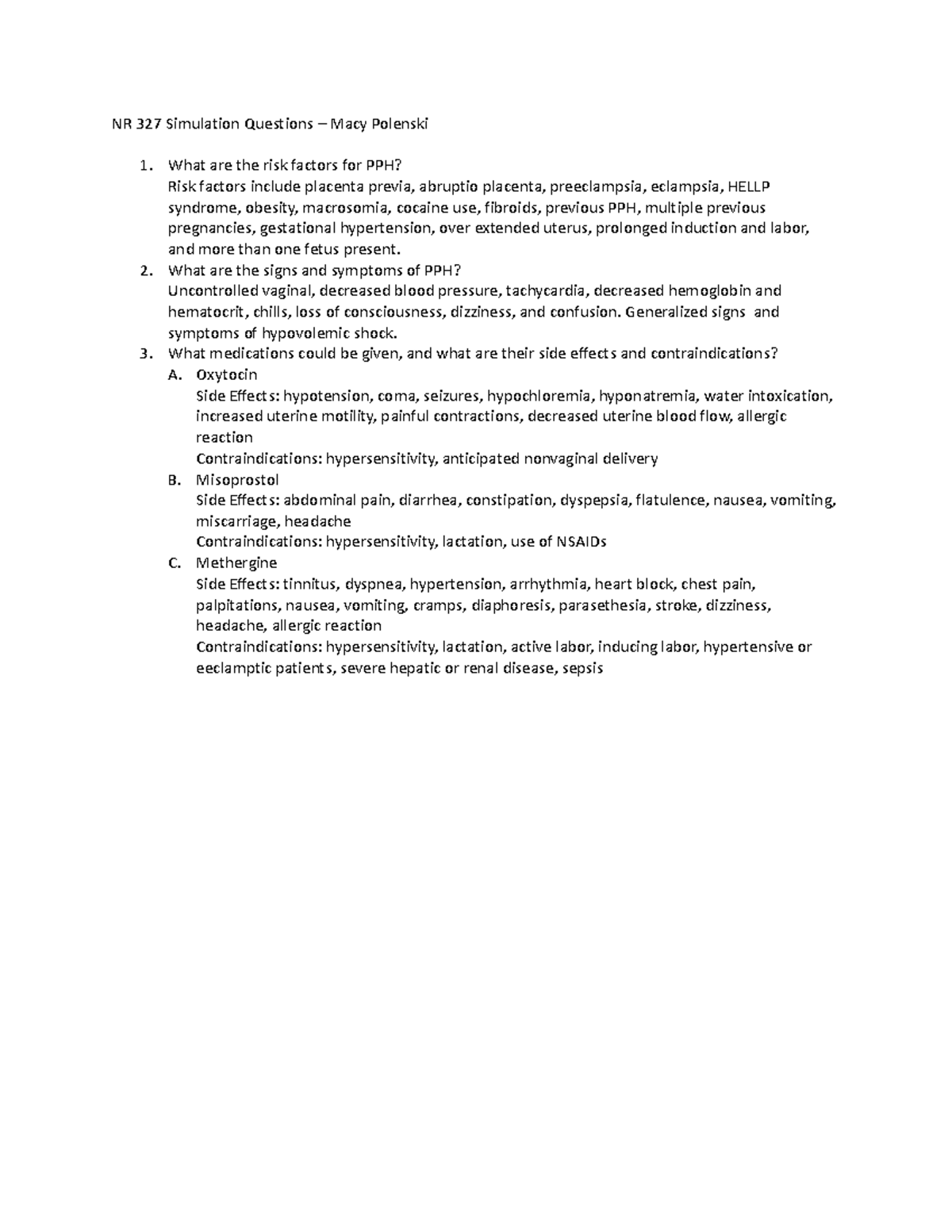 NR 327 Simulation Questions - What are the risk factors for PPH? Risk ...