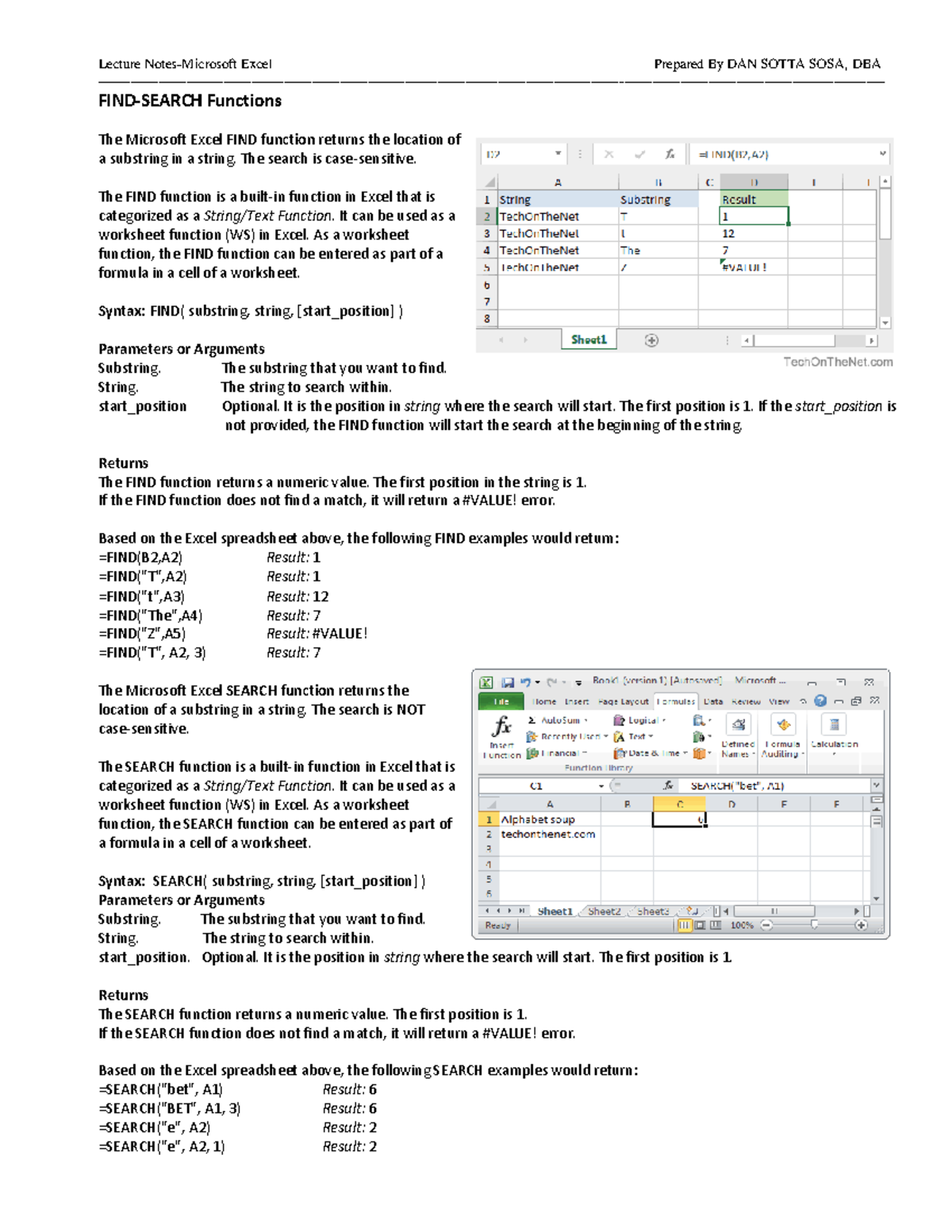 Lecture Notes Find Search Functions Lecture Notes Microsoft Excel Prepared By Dan Sotta Sosa