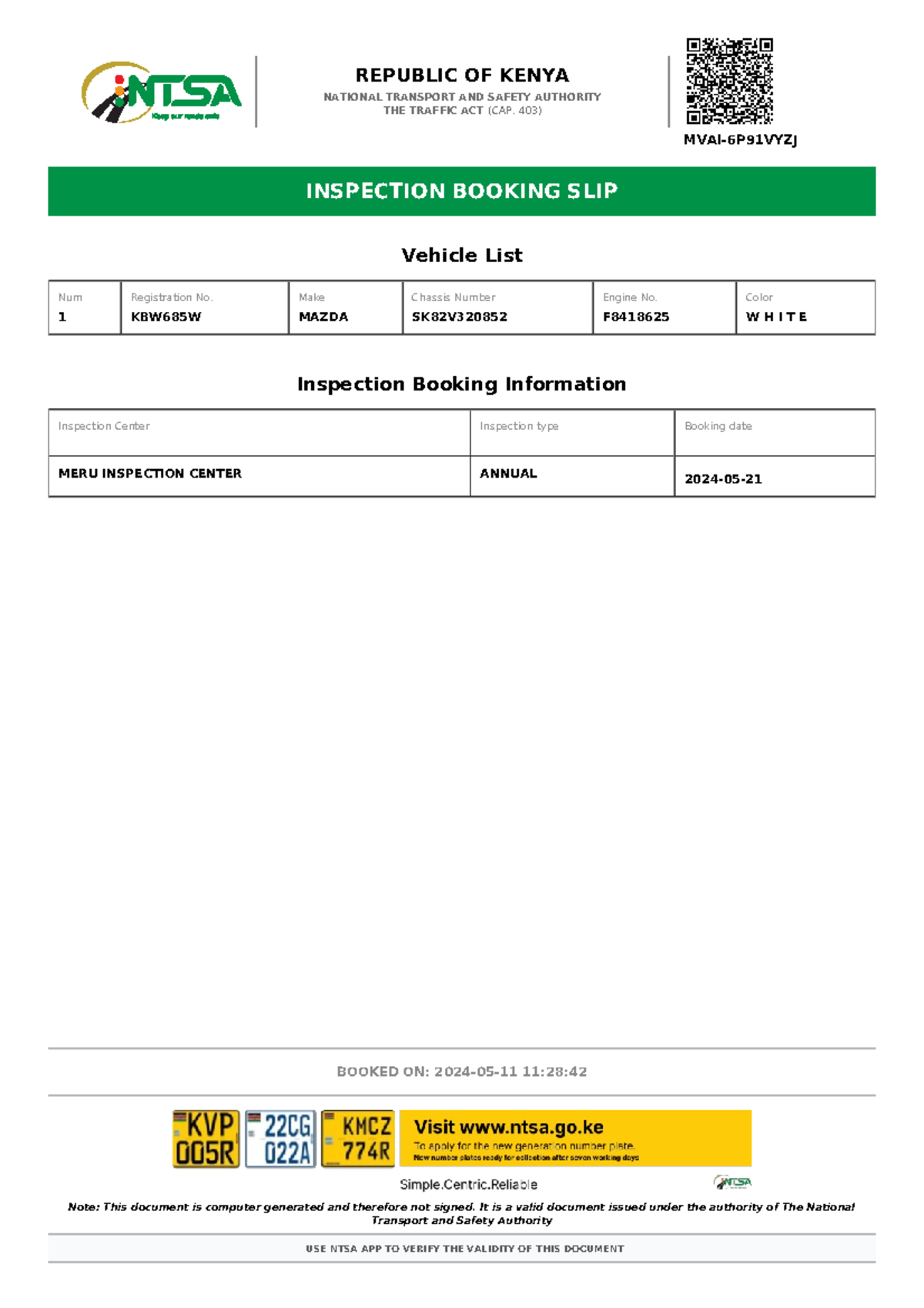MVAI-6P91VYZJ-Booking Slip - REPUBLIC OF KENYA NATIONAL TRANSPORT AND ...