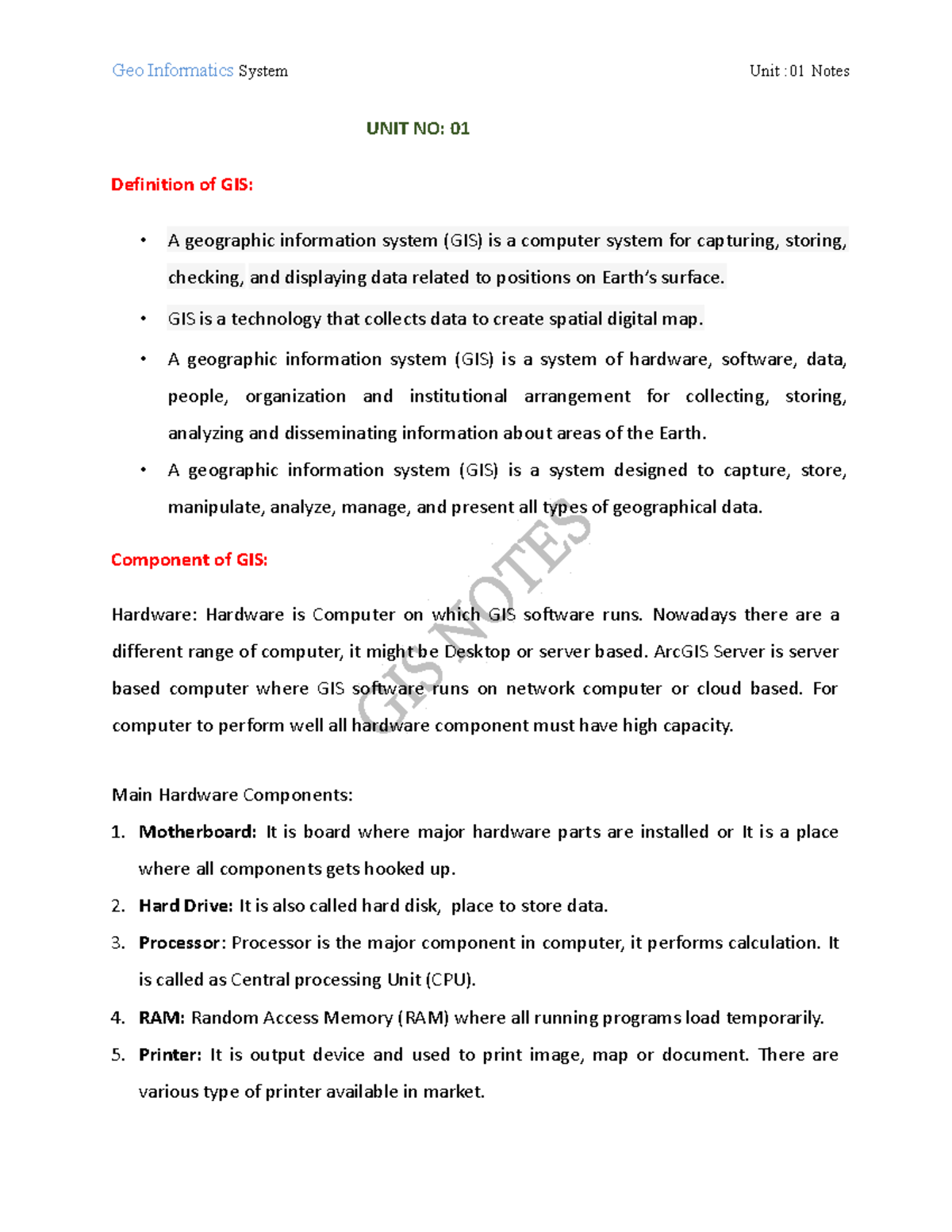 GIS Notes unit 3 (complete) - UNIT NO: 01 Definition of GIS: A ...