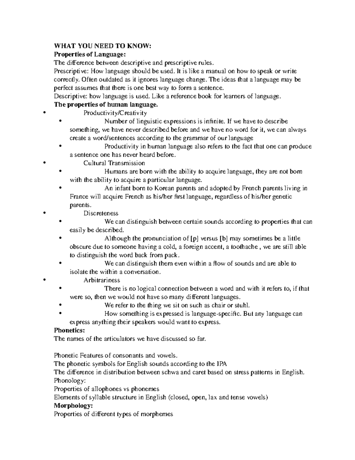 Exam outline given in class - WHAT YOU NEED TO KNOW: Properties of ...