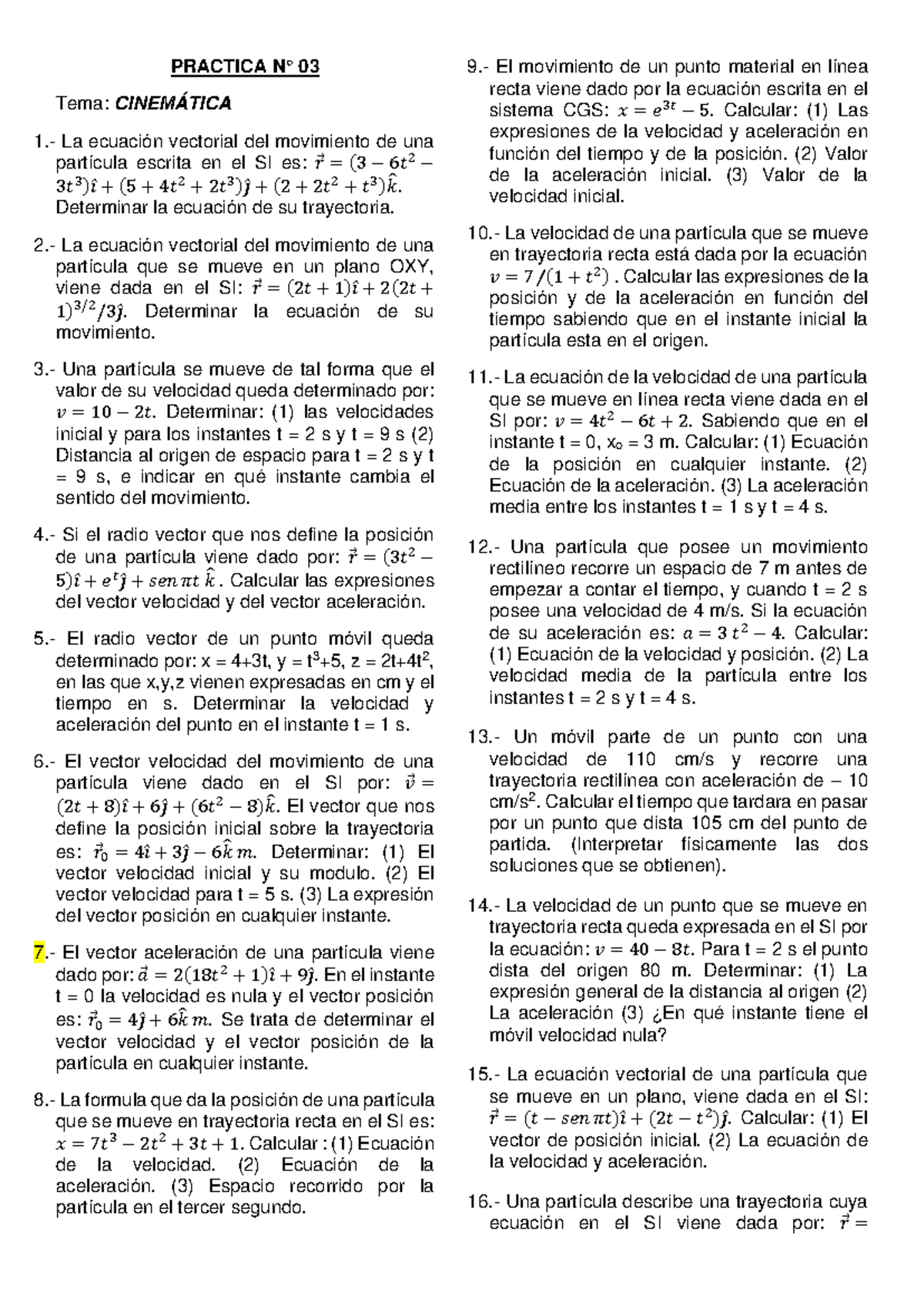 P. D. N° 03 - Cinematica - PRACTICA N° 0 3 Tema: CINEMÁTICA 1.- La ...