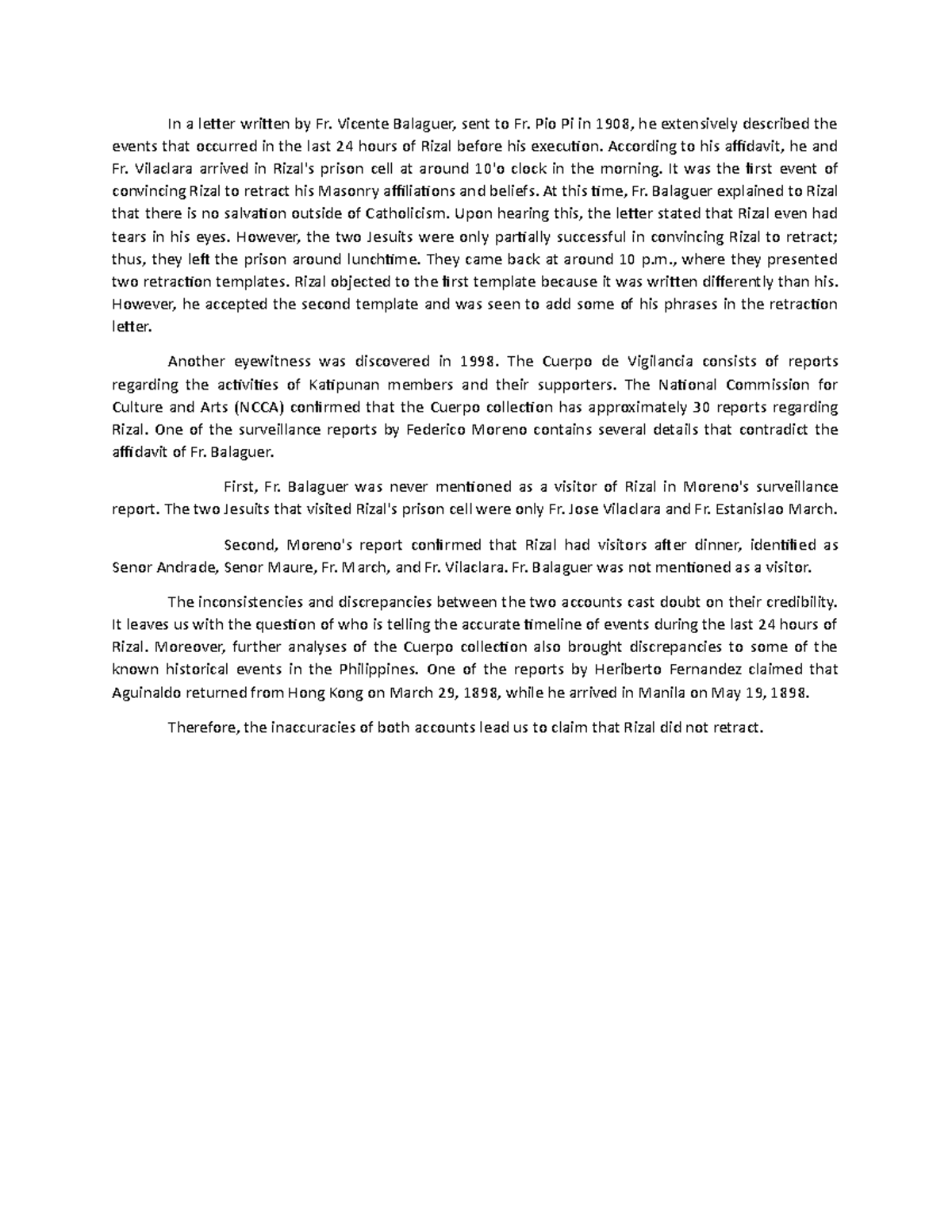 Debate - Retraction of Rizal - In a letter written by Fr. Vicente ...