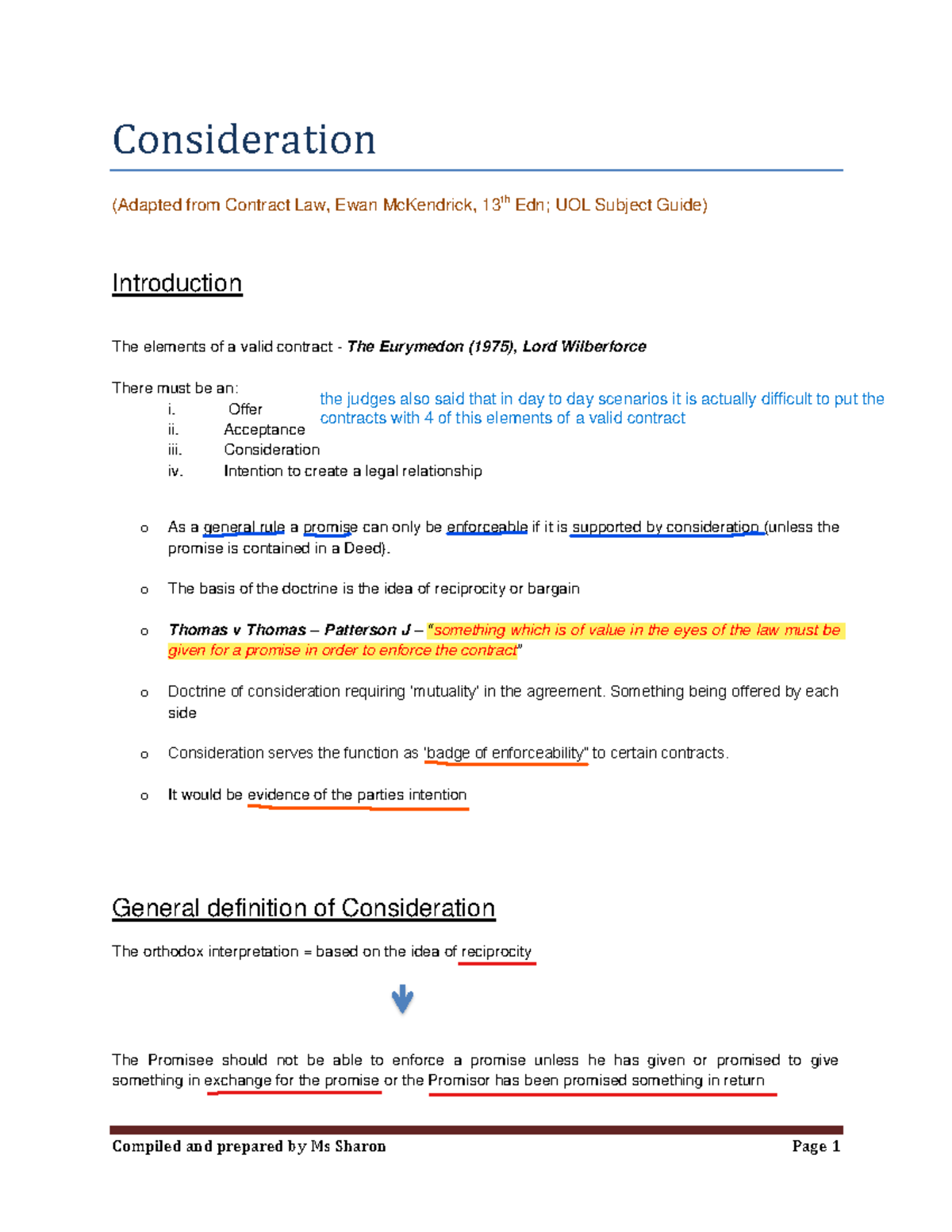 Contract Law - Consideration SC - Consideration (Adapted from Contract ...