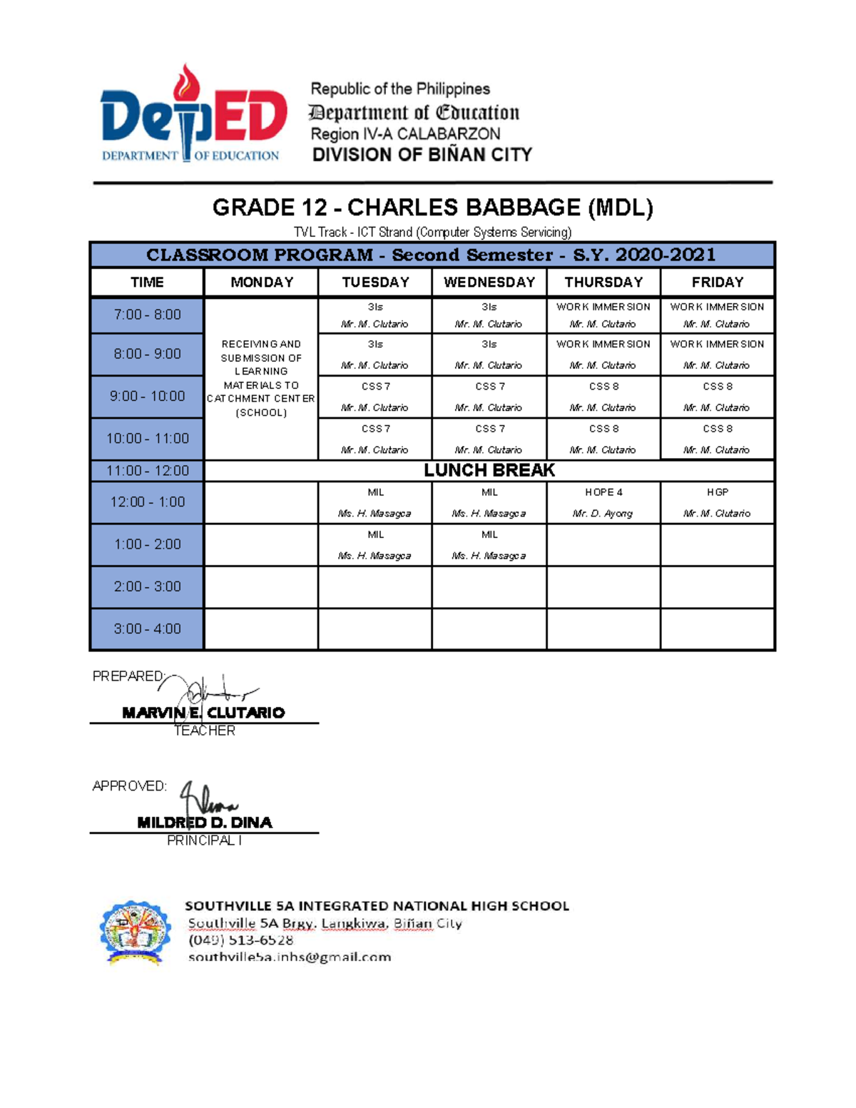 GR 12-Babbage class schedule 2nd sem - TIME MONDAY TUESDAY WEDNESDAY ...