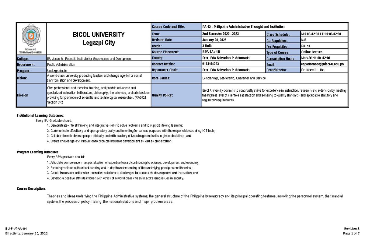 PA 12 Syllabus - Course Code and Title: Term: Class Schedule: M 9:00-12 ...