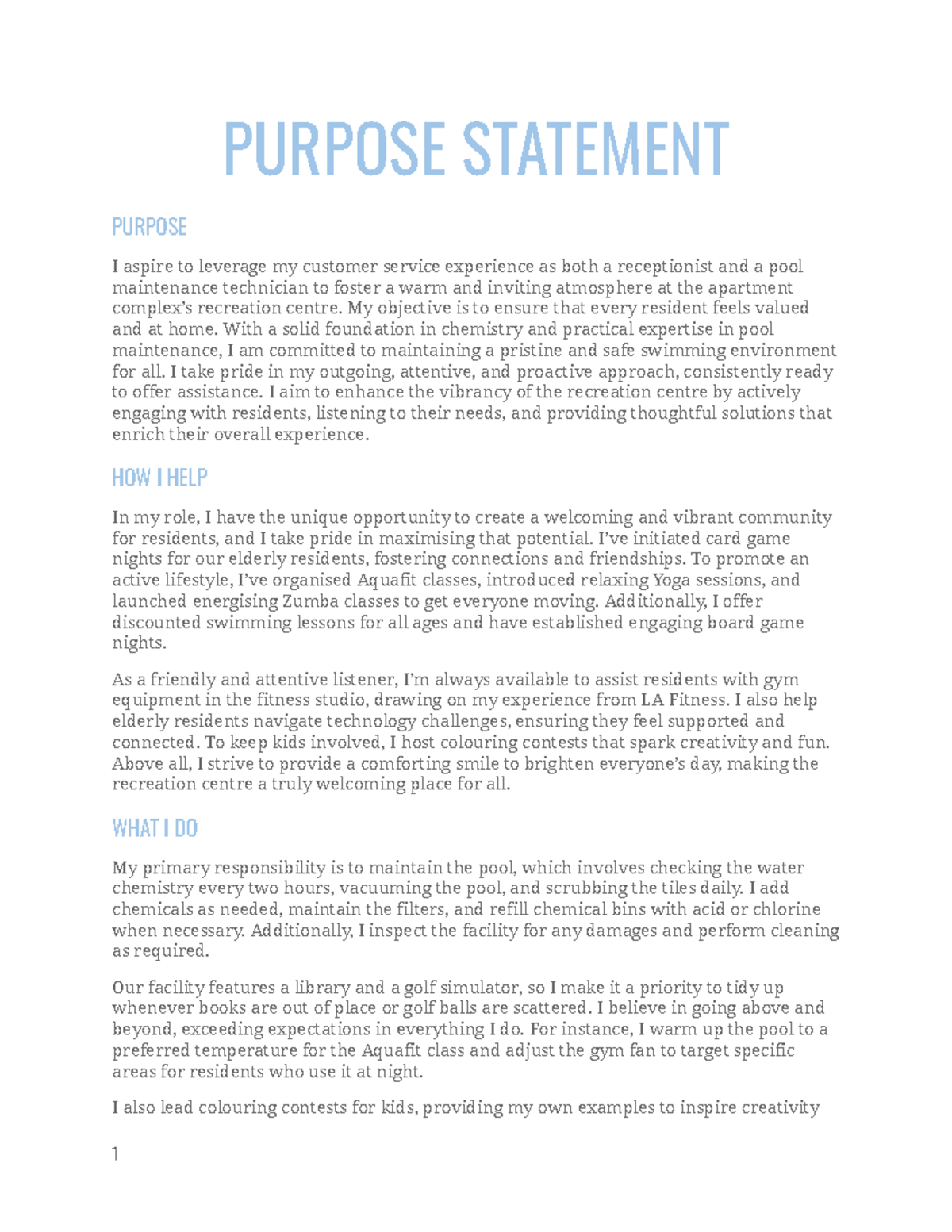Assignment #2: BMYou (Part 1) - PURPOSE STATEMENT PURPOSE I aspire to ...