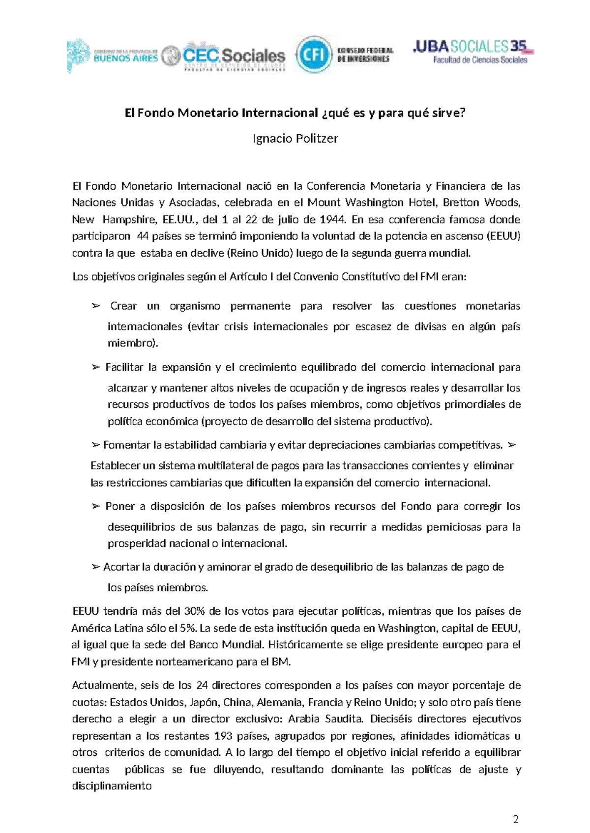 FMI - Ignacio Politzer - Historia política del FMI y su relación con ...