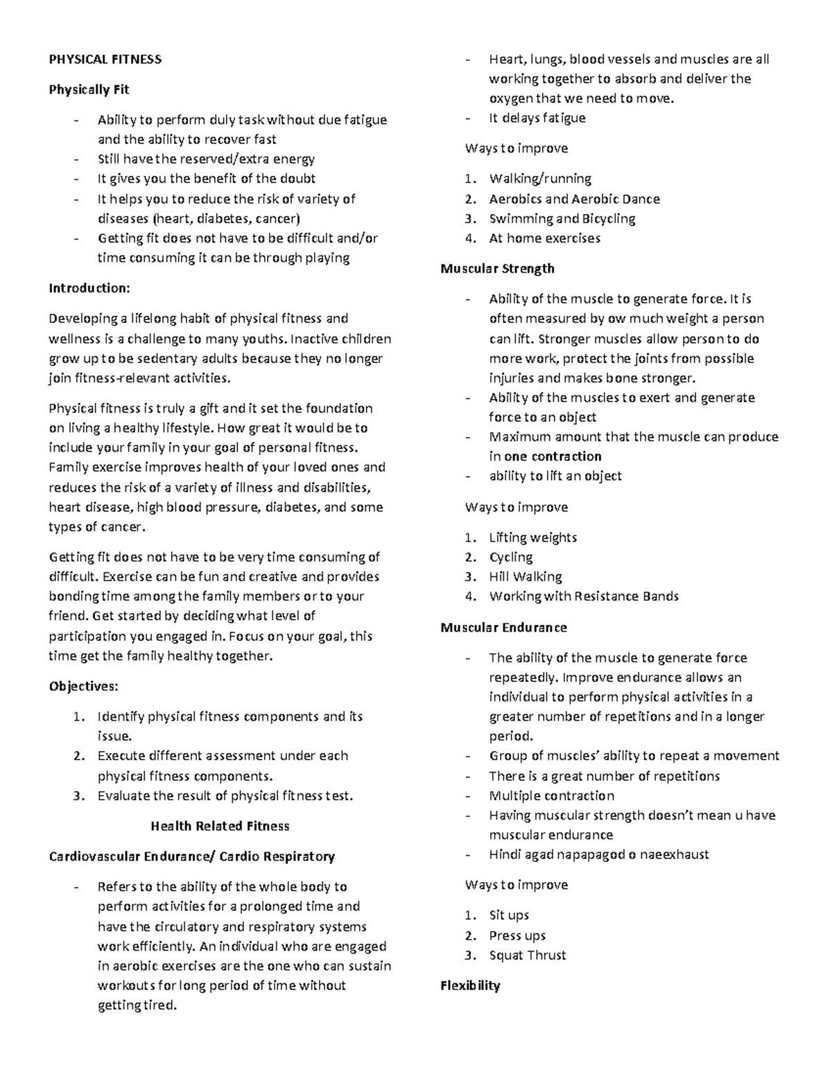 Physical- Fitness-notes - PHYSICAL FITNESS Physically Fit Ability to ...