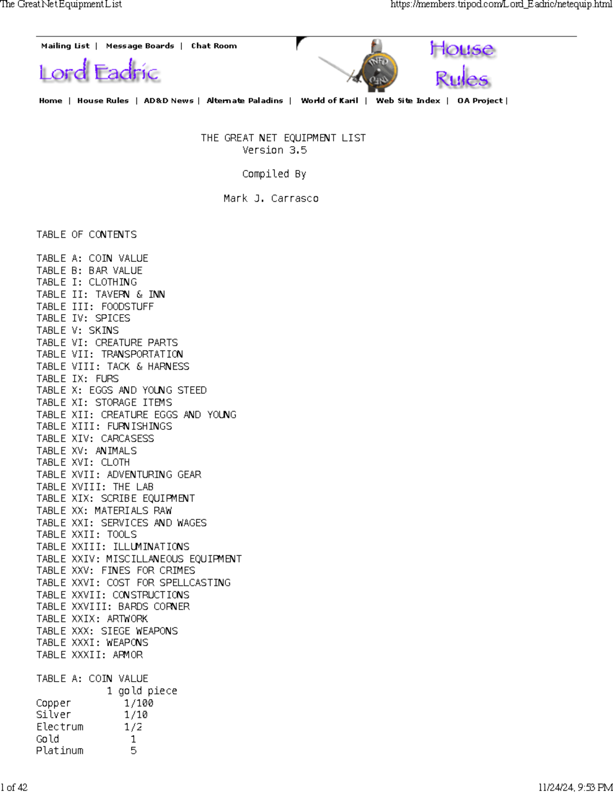 The Great Net Equipment List - Mailing List | Message Boards | Chat ...