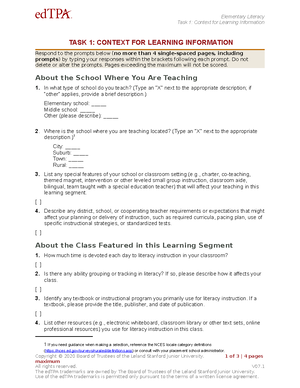 Task 1 part A - Edtpa - Elementary Literacy Task 1: Context for ...