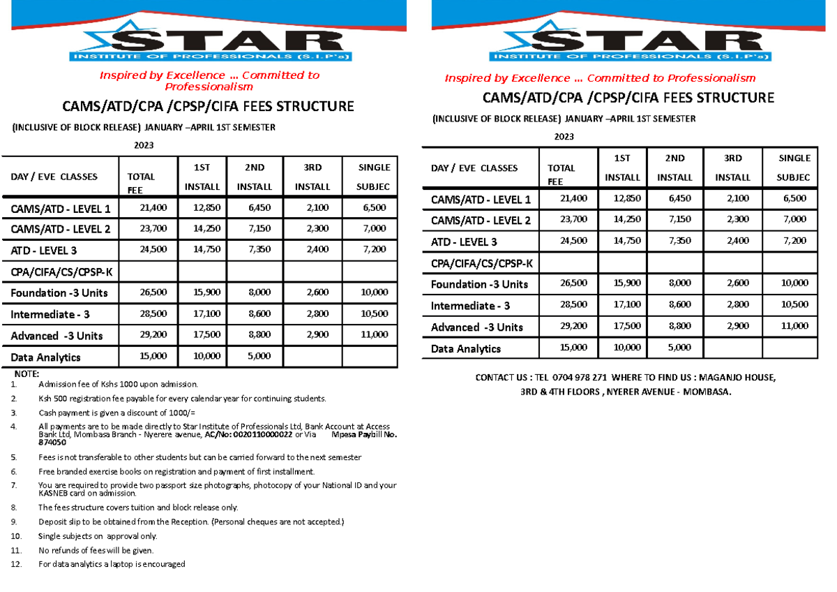 CPA ATD FEES Structure 2023 1ST Semester - Inspired by Excellence ...
