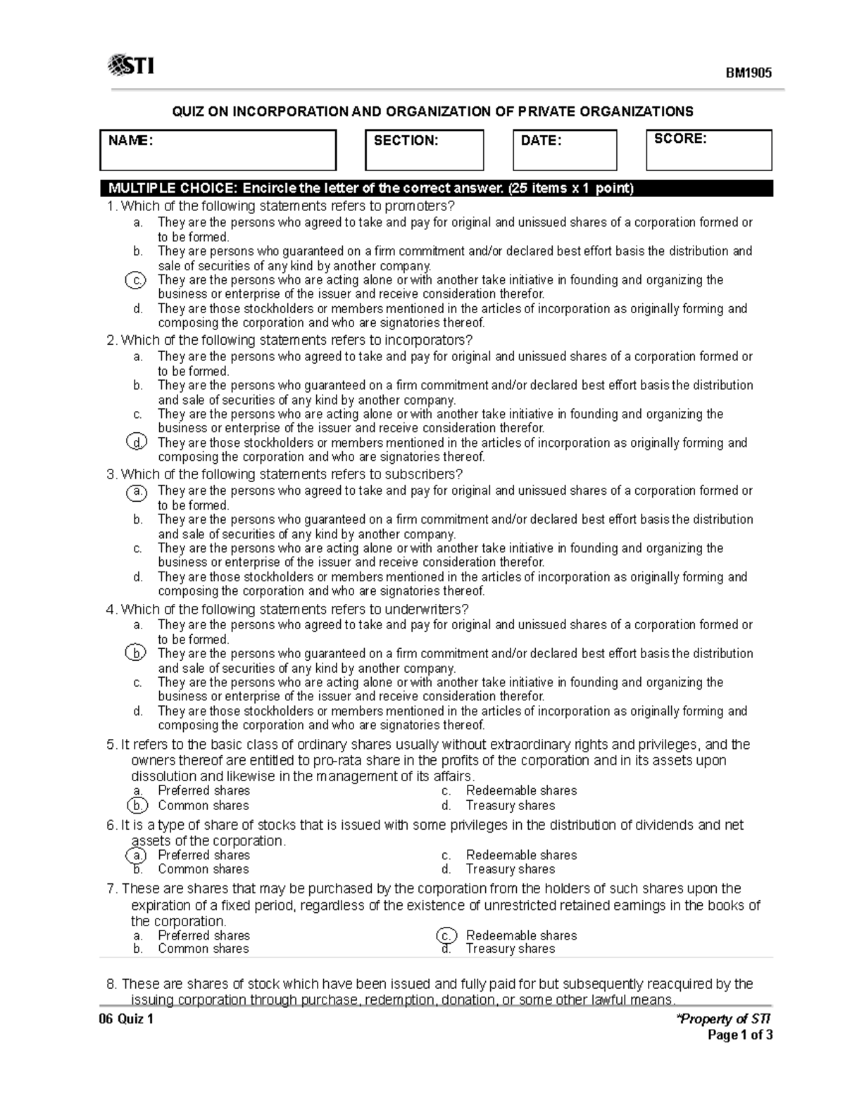 06 Quiz 1 - QUIZ ON INCORPORATION AND ORGANIZATION OF PRIVATE ...