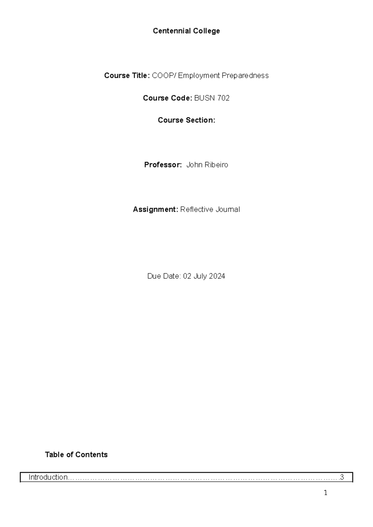 Reflective Journal Assignment Wn Centennial College Course Title