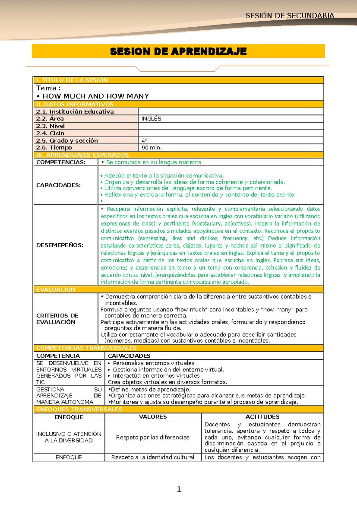 4° how much-many - Sesion de aprendizaje, area inglés - SESIÓN DE SECUNDARIA SESION DE ...