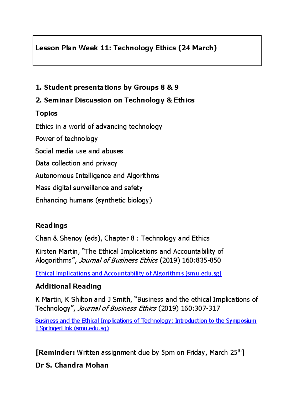 Week 11 Lesson Plan - Technology Ethics - Lesson Plan Week 11 ...