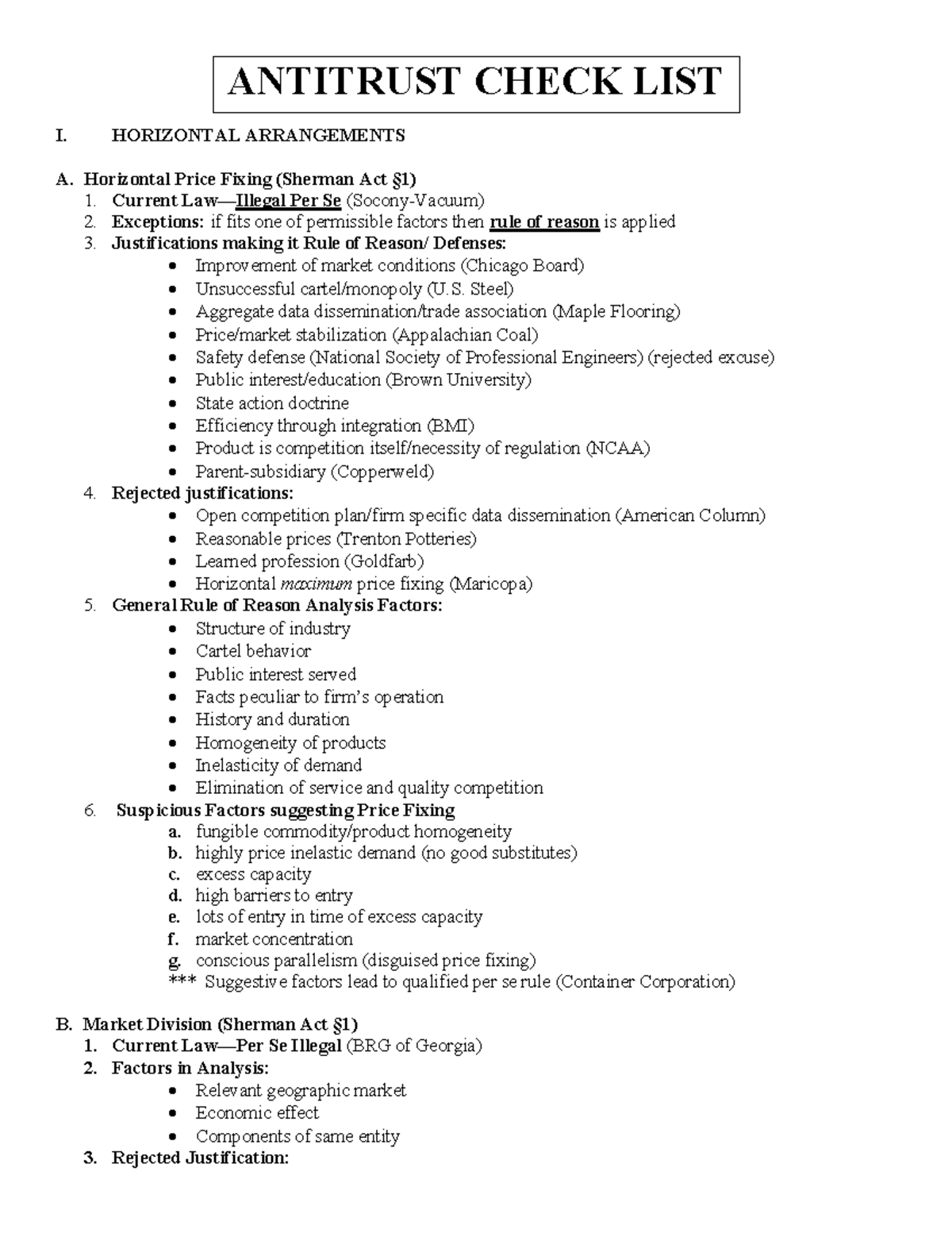 Antitrust Outline 1 - ANTITRUST CHECK LIST I. HORIZONTAL ARRANGEMENTS A ...