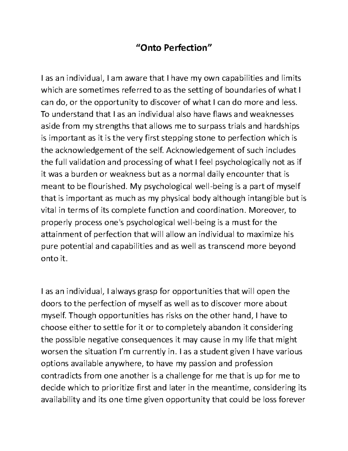 Sample Reflection Paper - “Onto Perfection” I as an individual, I am ...