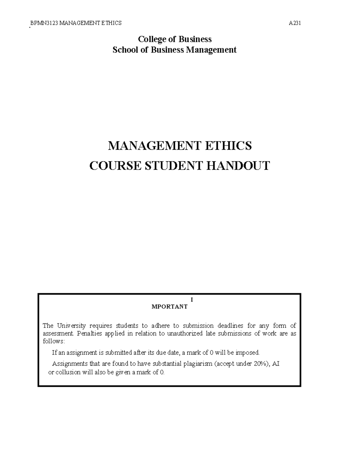 A231-BPMN3123- Coursework Handout FOR Students - BPMN3123 MANAGEMENT ...