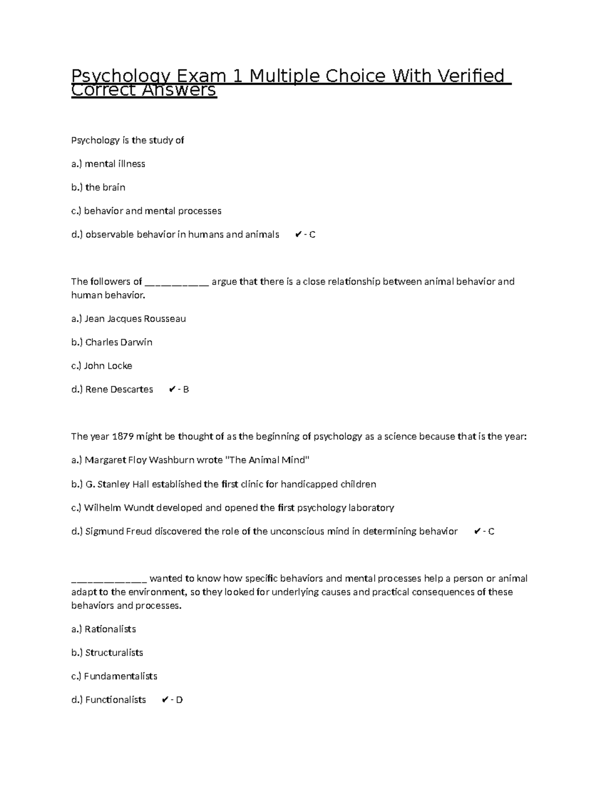 Psych - Psychology Exam 1 Multiple Choice With Verified Correct Answers ...