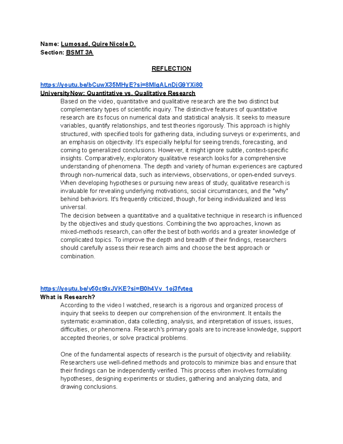 Video Reflection Lumosad - Name: Lumosad, Quire Nicole D. Section: BSMT ...