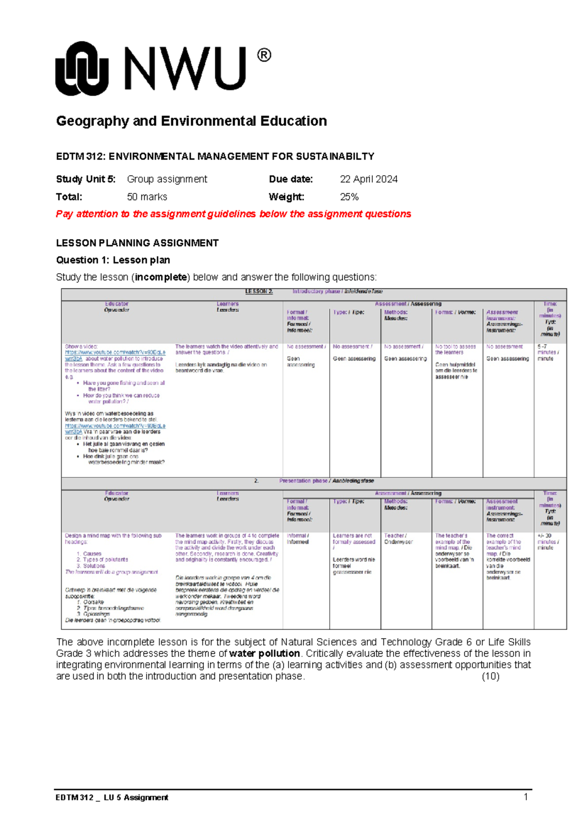 EDTM 312 LU 5 Lesson PLAN Assignment English - Geography and ...