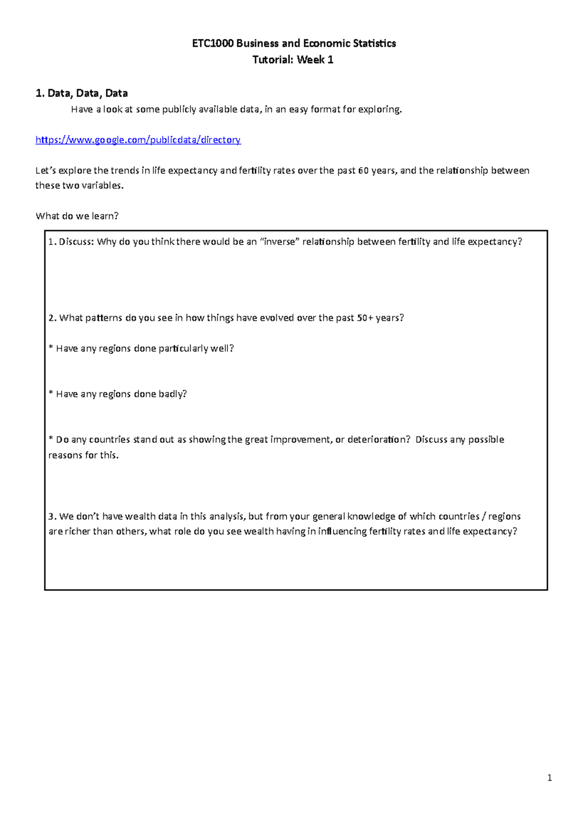 Tutorial Outline Week 1 - ETC1000 Business and Economic Statistics ...
