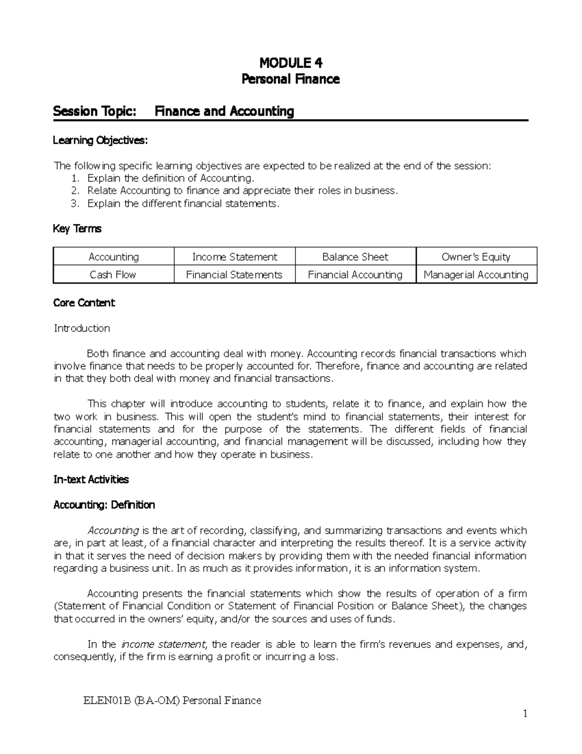 Module 4 Costing And Pricing Module 4 Personal Finance Session Topic Finance And Accounting