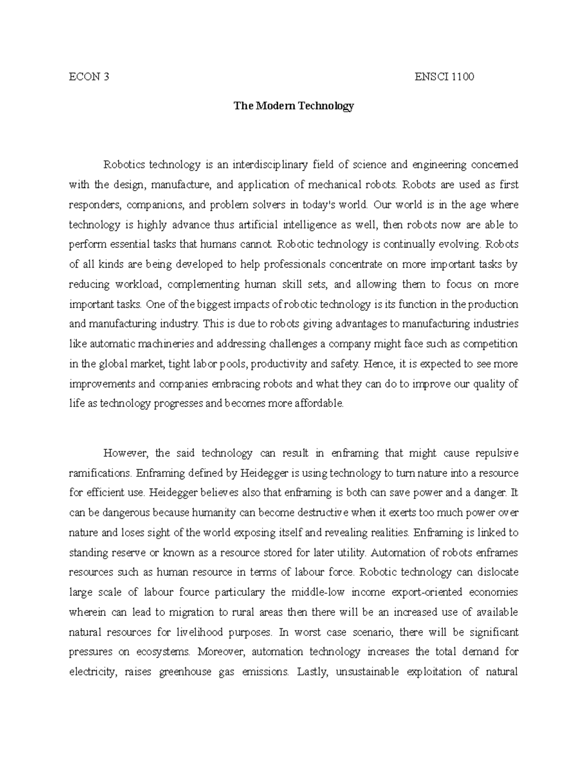 3. Learning Task 3.1 The Modern Technology - ECON 3 ENSCI 1100 The ...