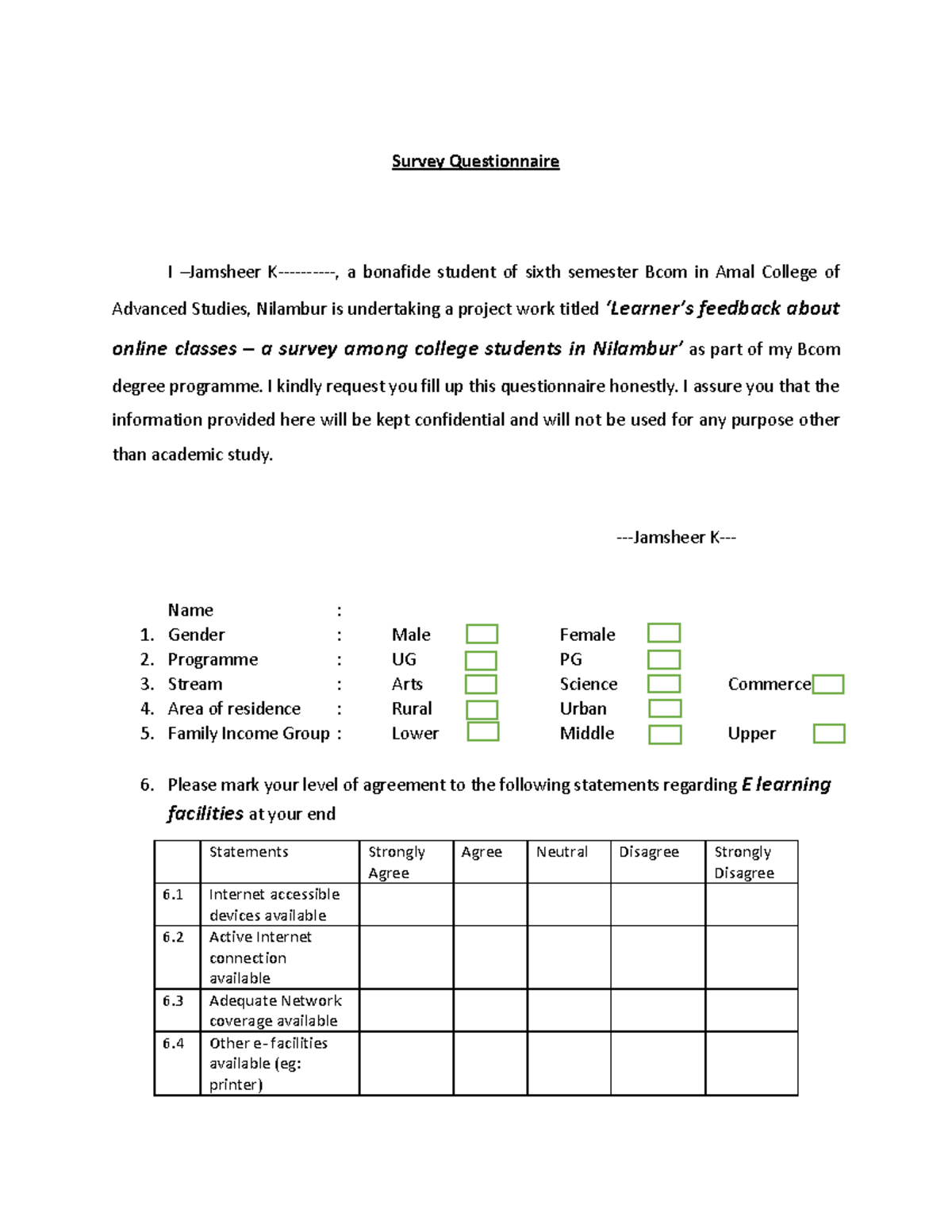 Project-survey-questionnaire - Survey Questionnaire I – Jamsheer K-, a ...