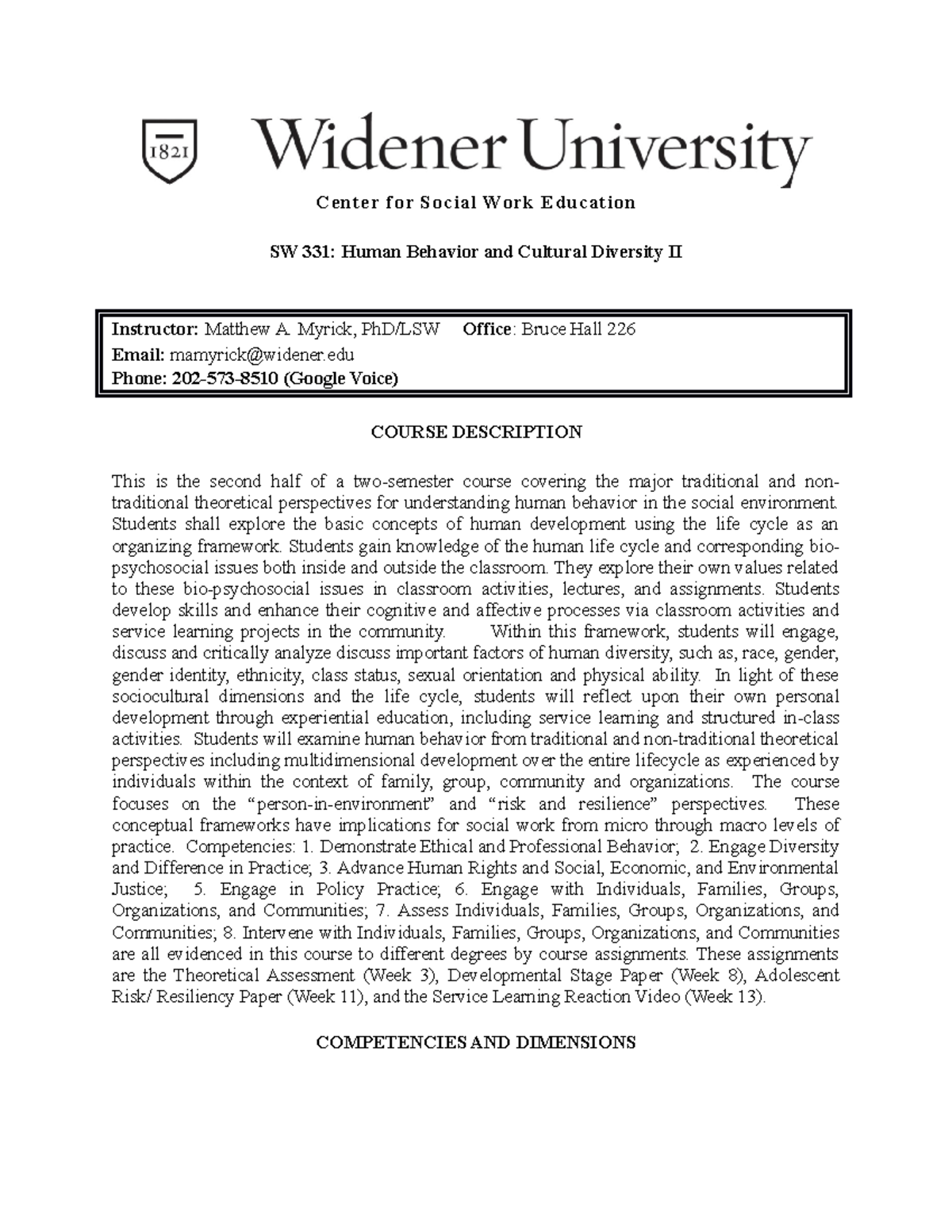 SW 331 syllabus - This is the second half of a two-semester course ...