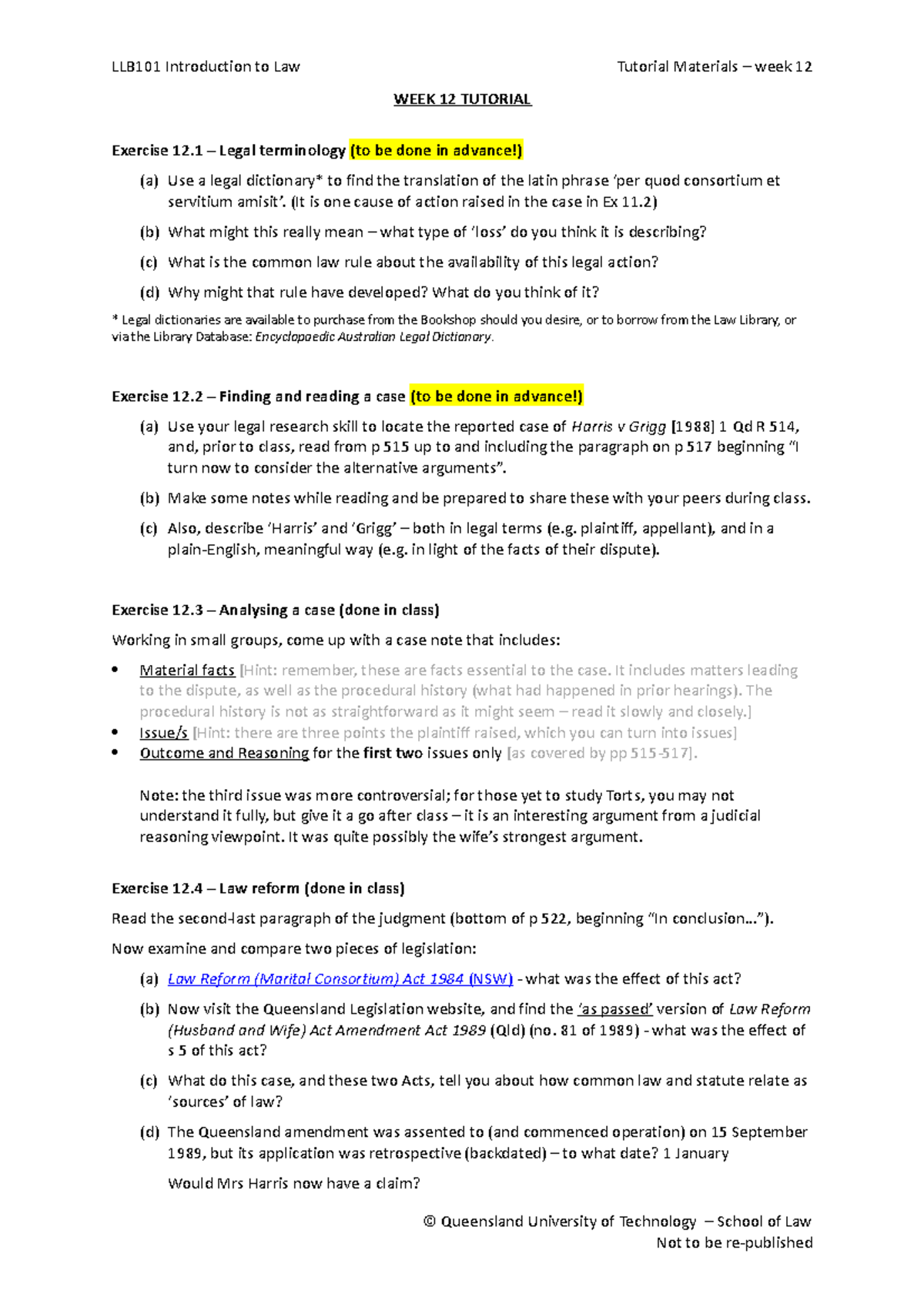 Week 12 Tutorial Activities - WEEK 12 TUTORIAL Exercise 12 – Legal ...