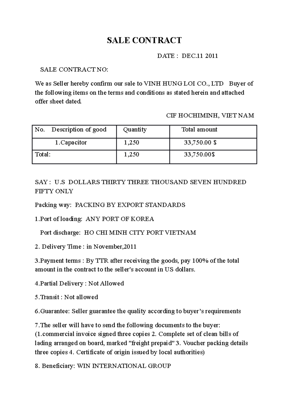 SALE Contract đã điền 1 - nghiệp vụ ngoại thương - SALE CONTRACT DATE ...
