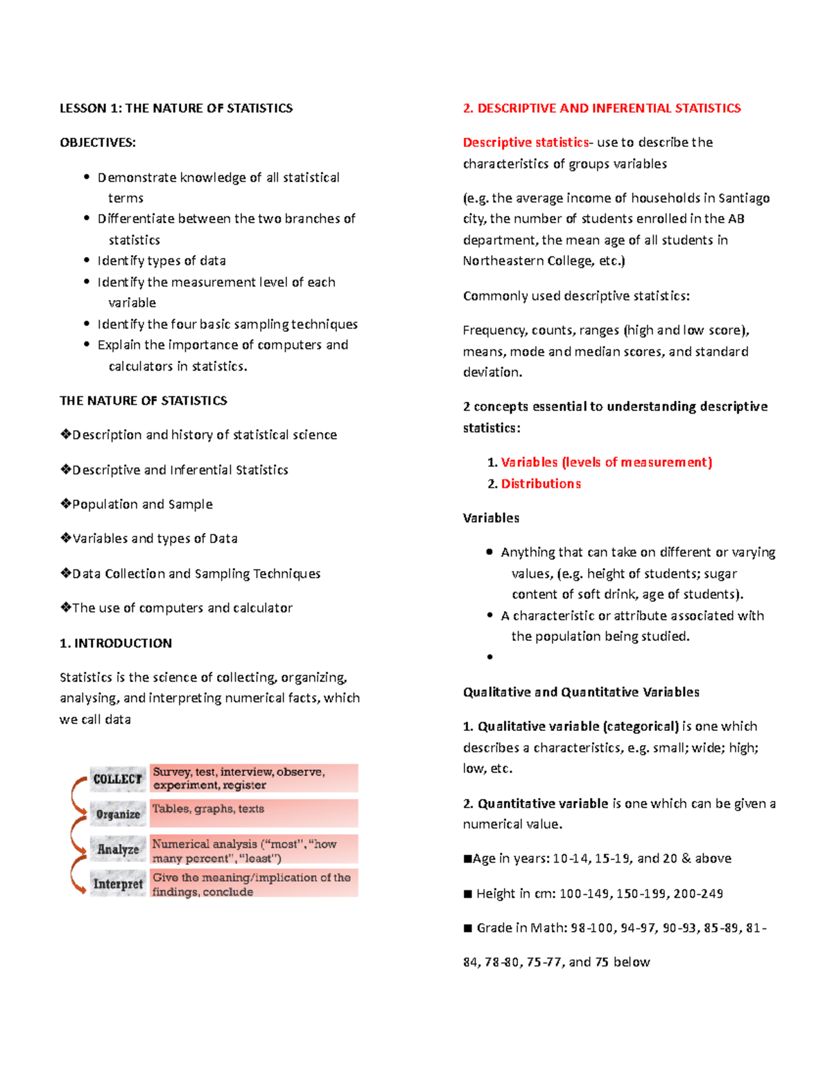 Statistical Analysis sample data - LESSON 1: THE NATURE OF STATISTICS ...