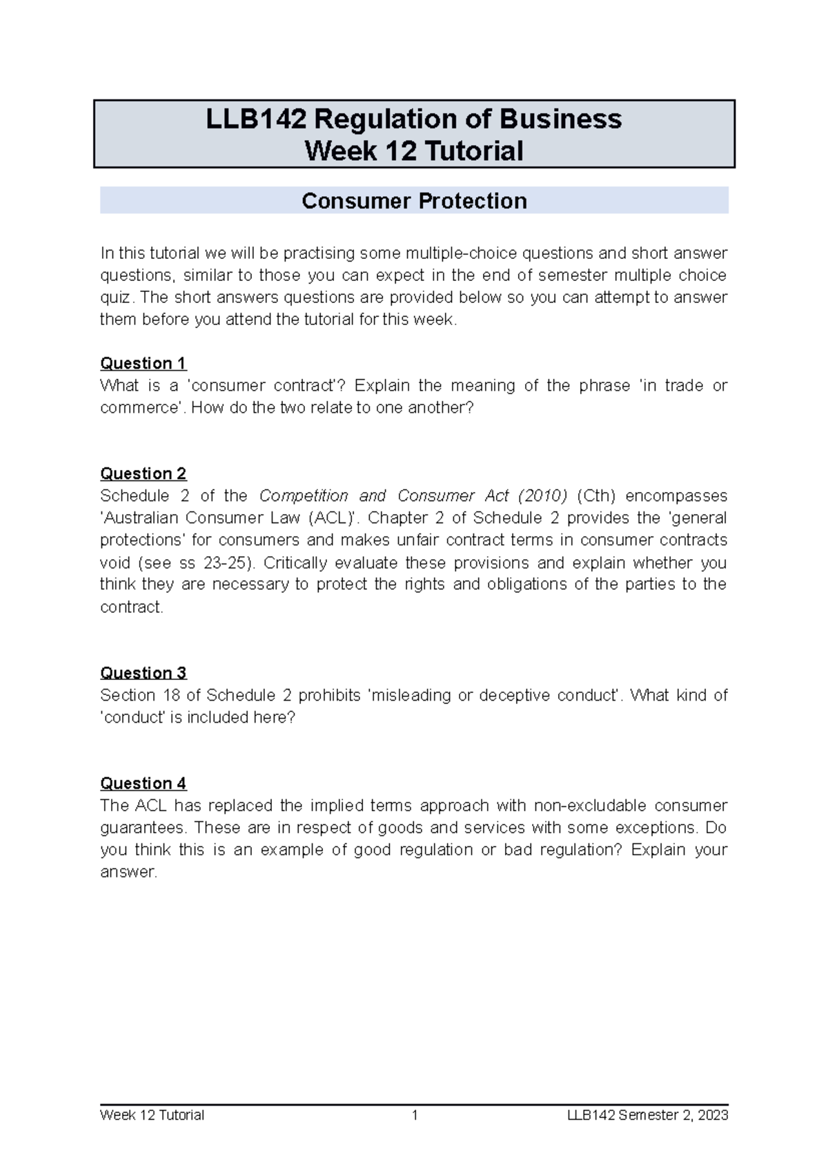 LLB142 Week 12 Tutorial - LLB142 Regulation of Business Week 12 Tutorial Consumer Protection In ...