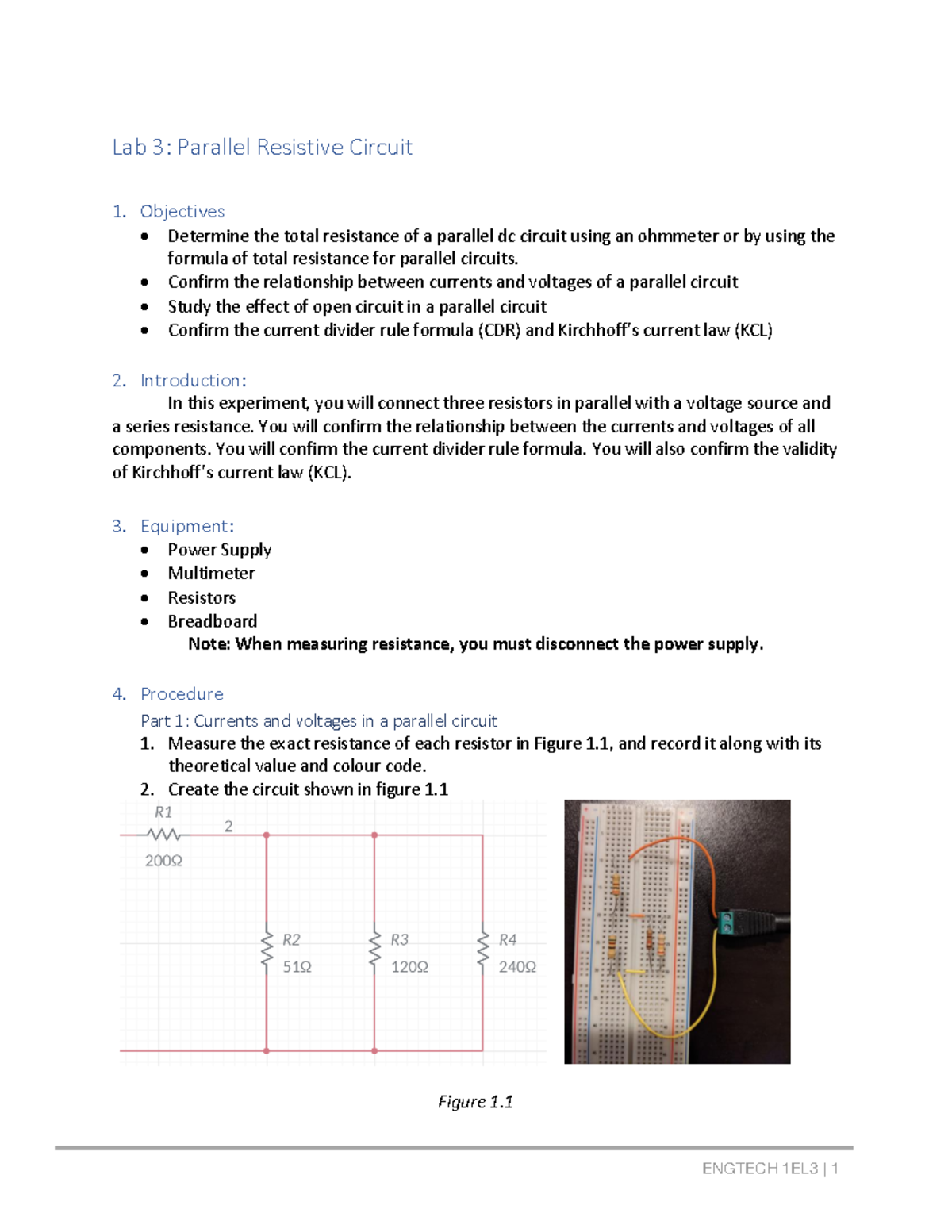 1EL3 LAB 3 - lab - Lab 3: Parallel Resistive Circuit 1. Objectives ...