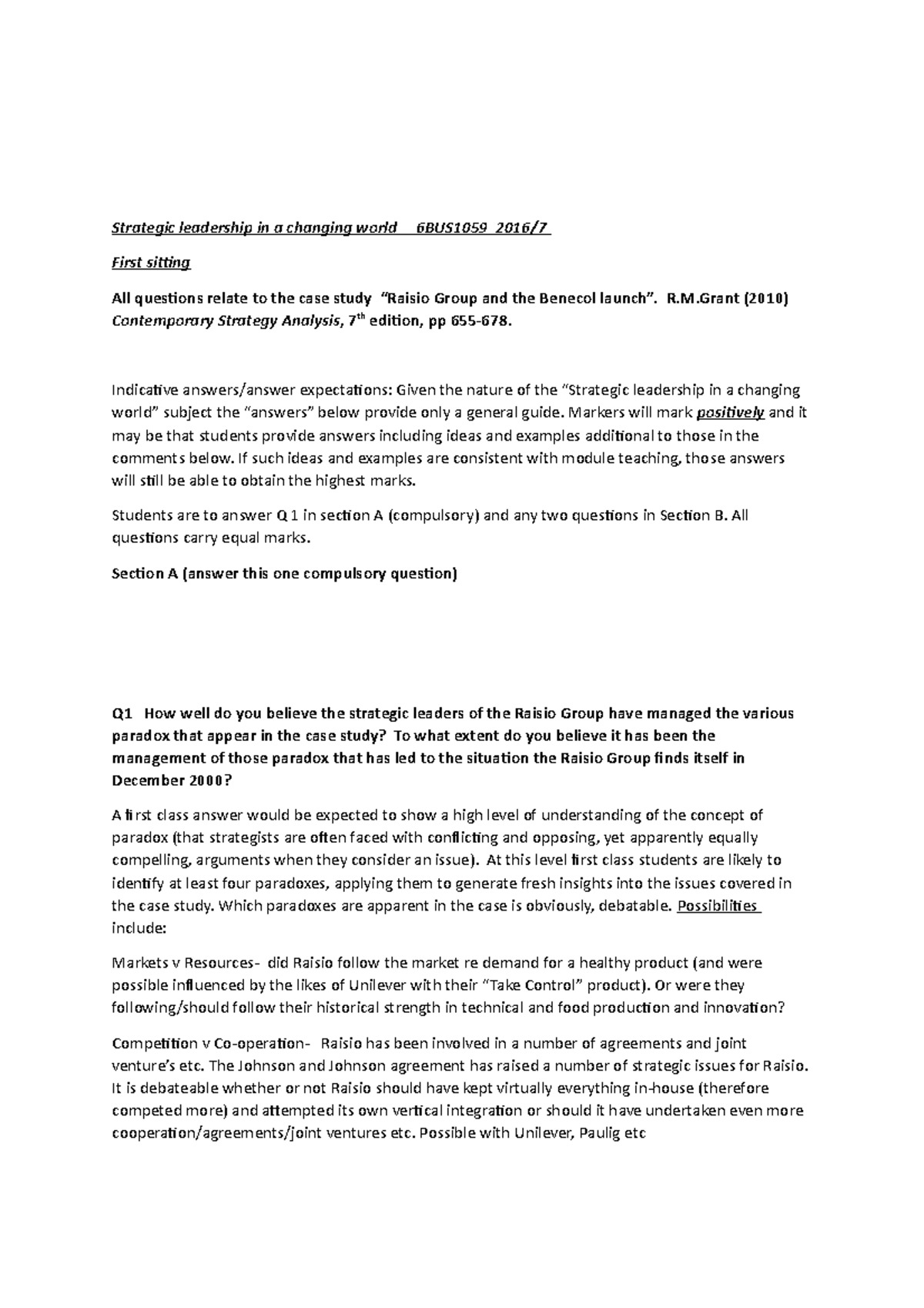 Exam notes Strategy - VIRO Framework, RBV, Leadership Theory etc ...