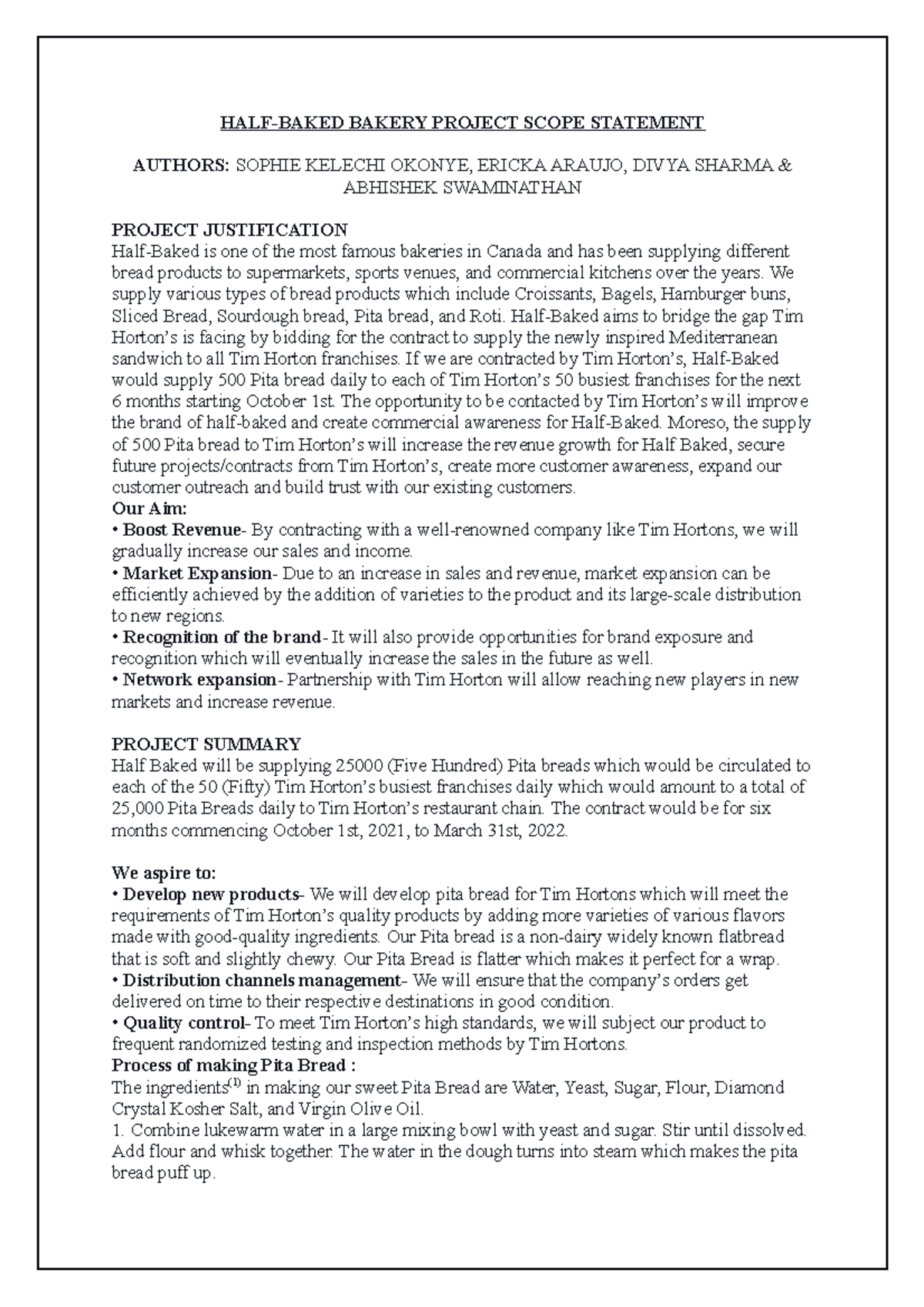 Scope Bakery Assignment - HALF-BAKED BAKERY PROJECT SCOPE STATEMENT AUTHORS: SOPHIE KELECHI ...