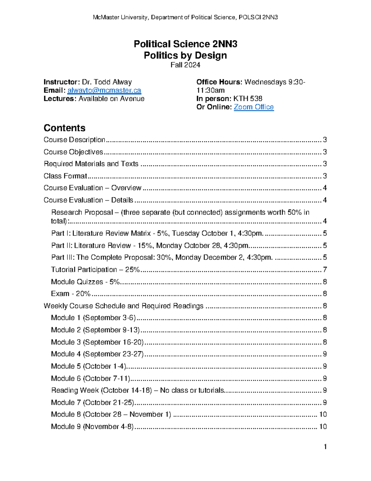 Polsci 2NN3 Syllabus Fall 2024 - Political Science 2NN Politics by Design Fall 20 24 Instructor ...