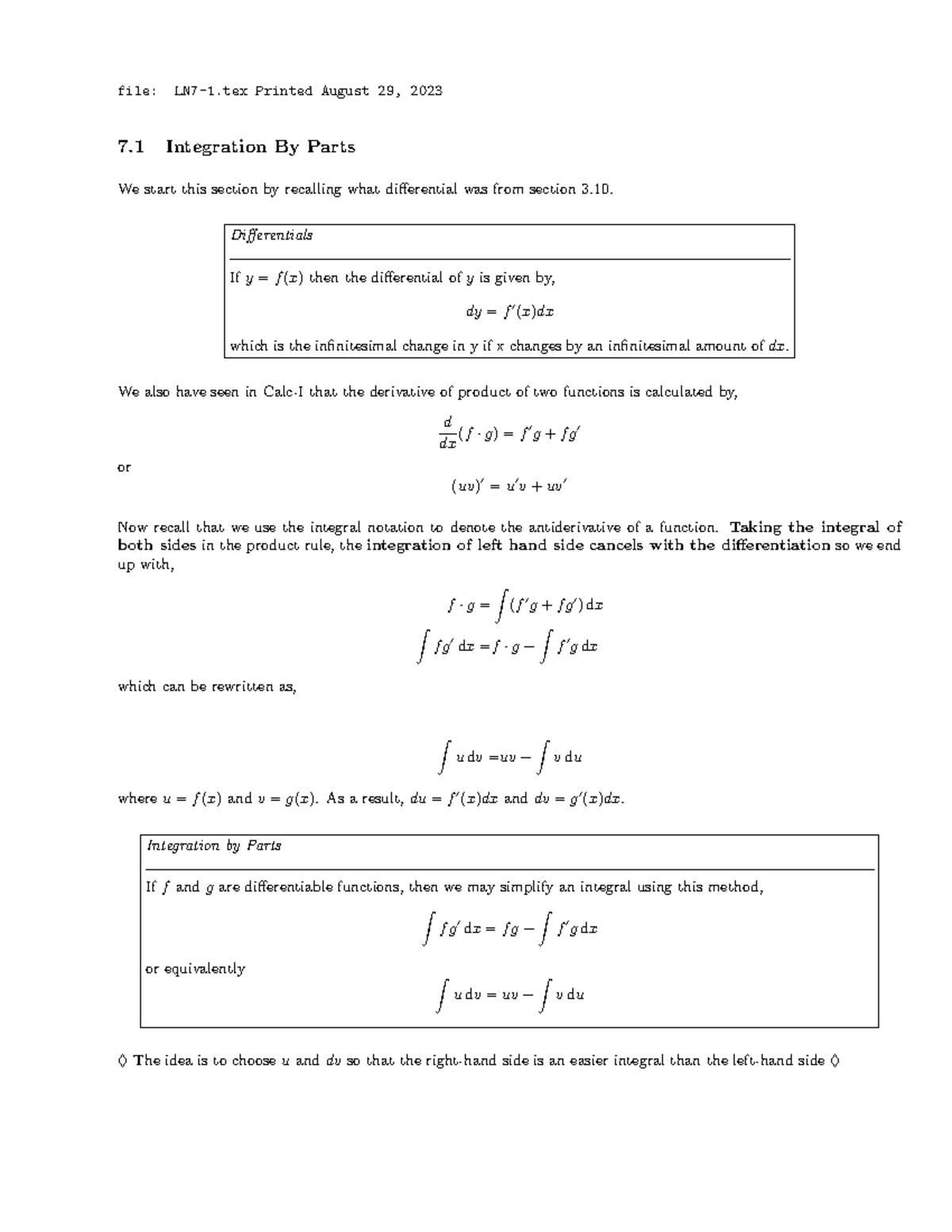 LN7-1 - math - file: LN7-1 Printed August 29, 2023 7 Integration By ...