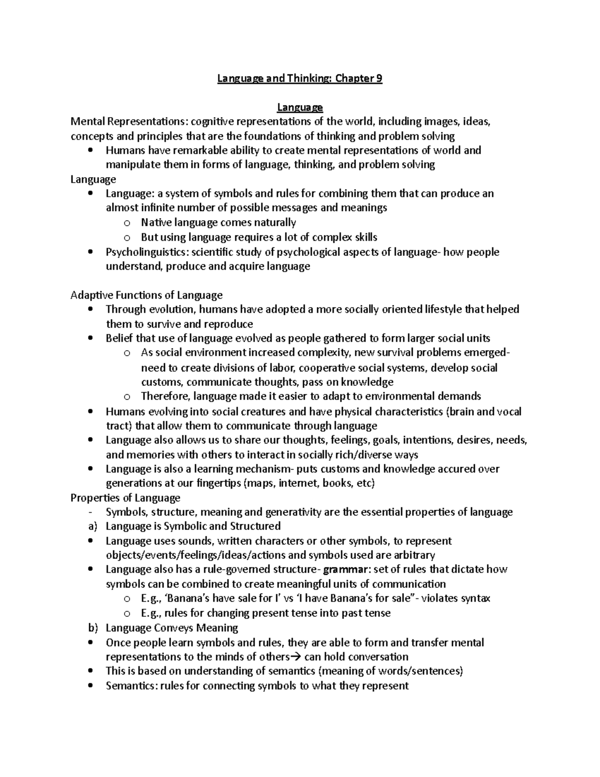 Chapter 9 - Language and Thinking: Chapter 9 Language Mental ...