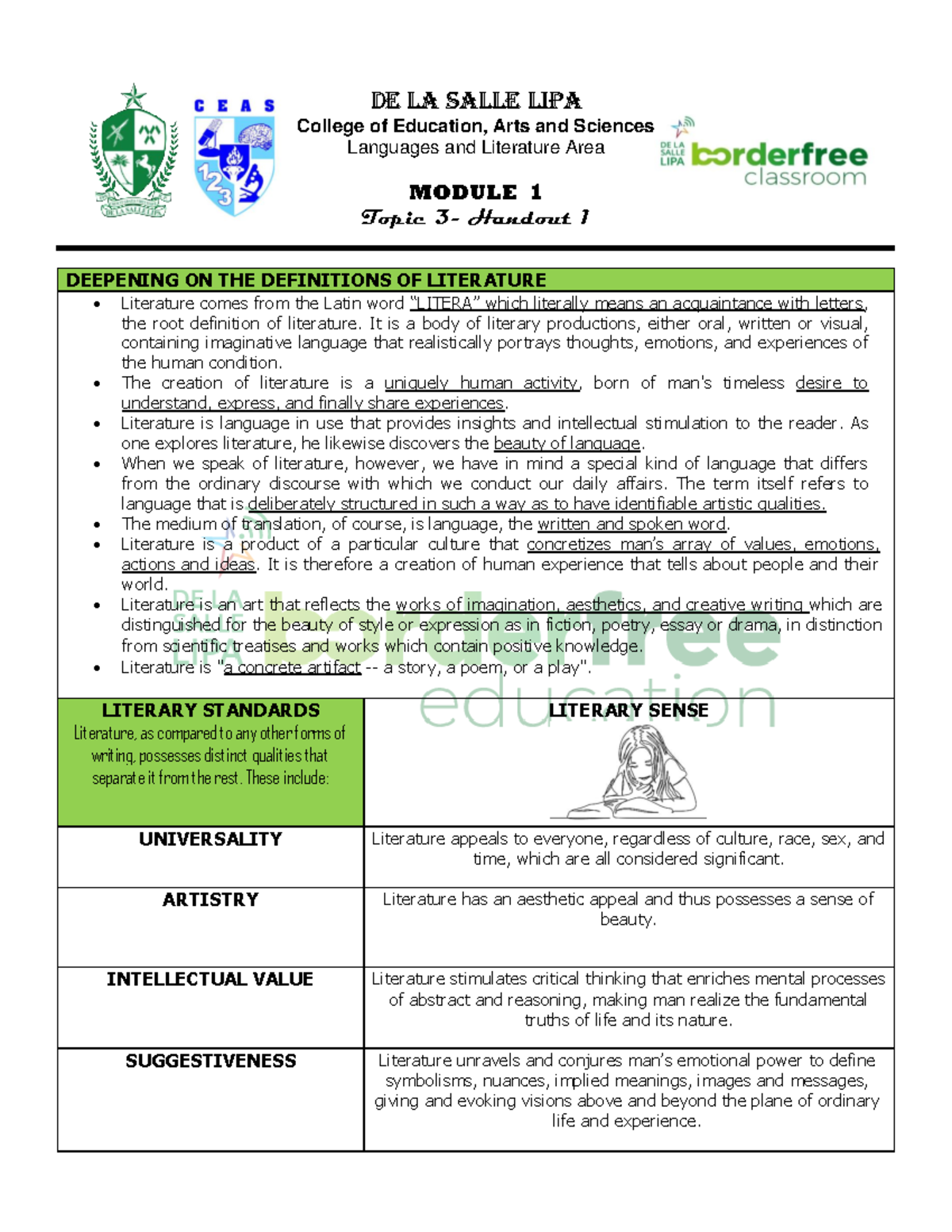 Module 1 - Topic 3 - 1st Handout on Deepening the Literature ...