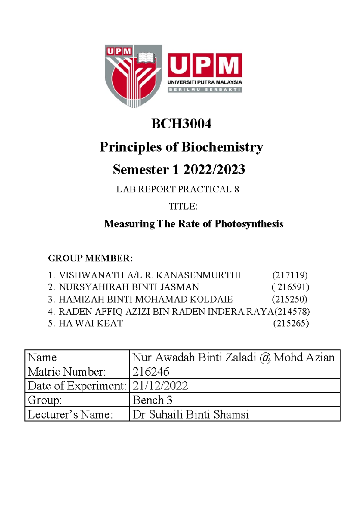 LAB Report Practical 8 BCH3004 - BCH Principles of Biochemistry ...
