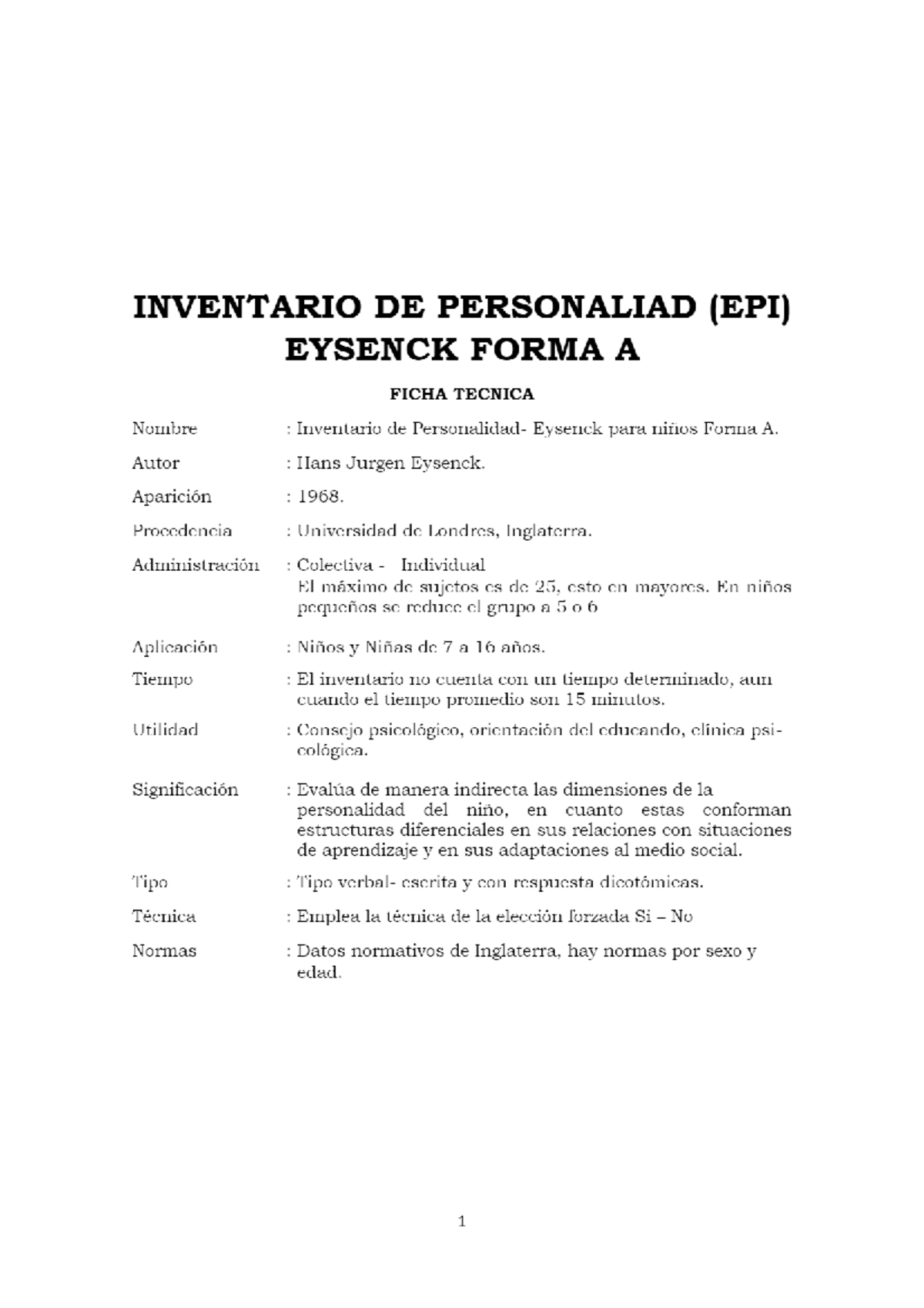 Eysenck Forma A - Psicología Educatica - Studocu
