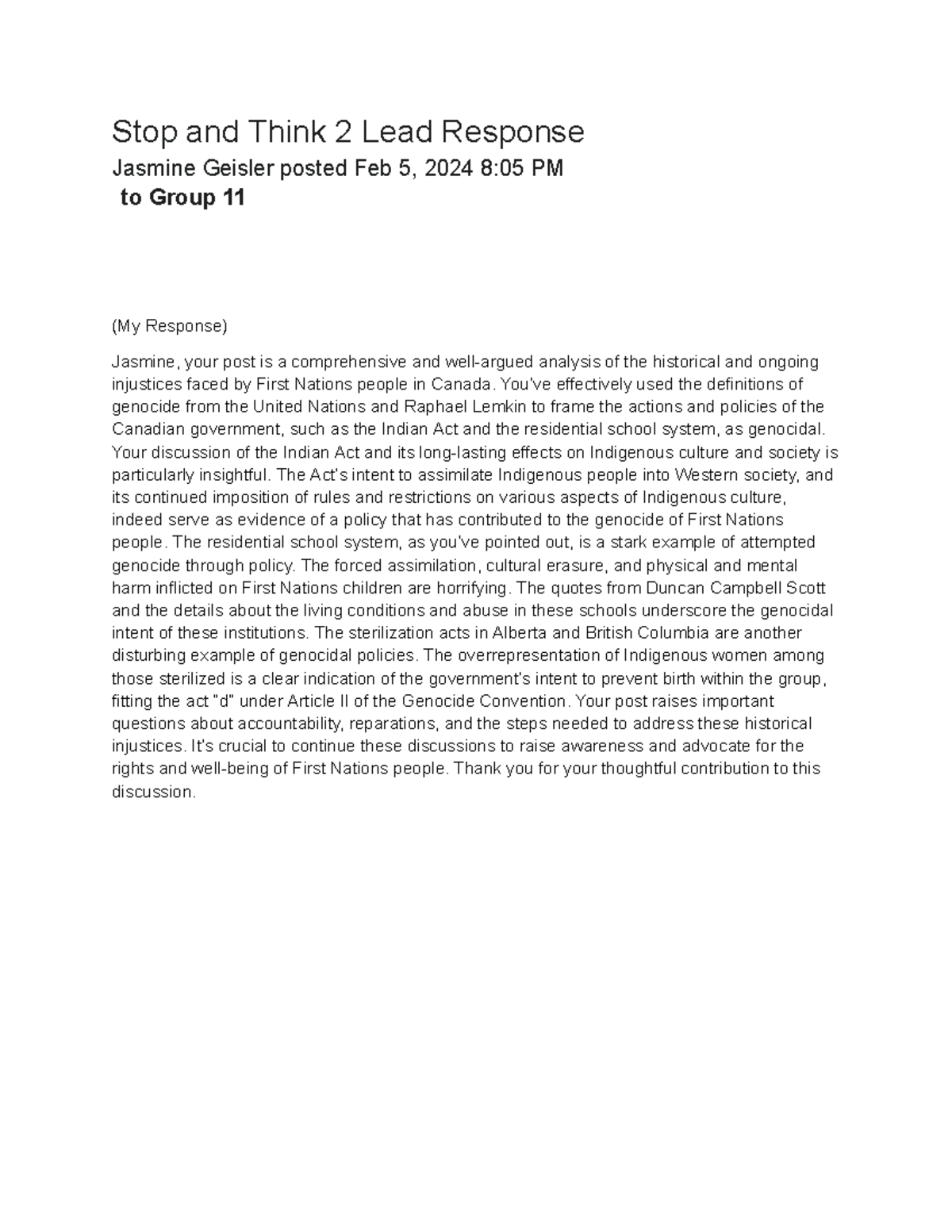 Response to Week 5's Lead Response - Stop and Think 2 Lead Response Jasmine Geisler posted Feb 5 ...