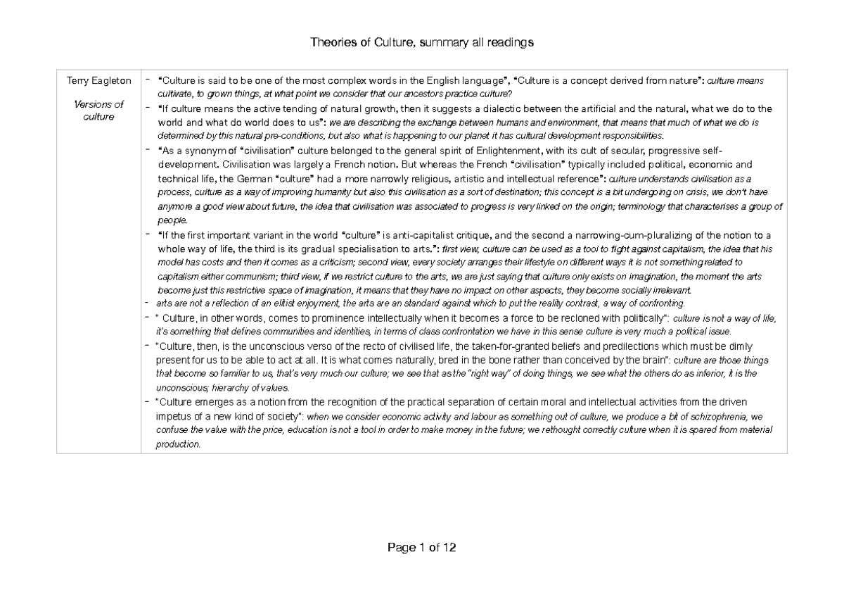 Theories of culture,readings - Terry Eagleton Versions of culture ...