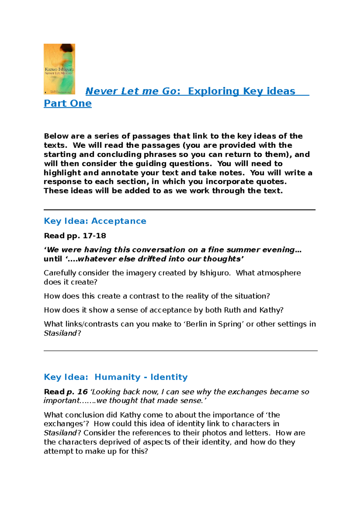 NLMG - Part 1 Comprehension - Never Let me Go: Exploring Key ideas Part ...