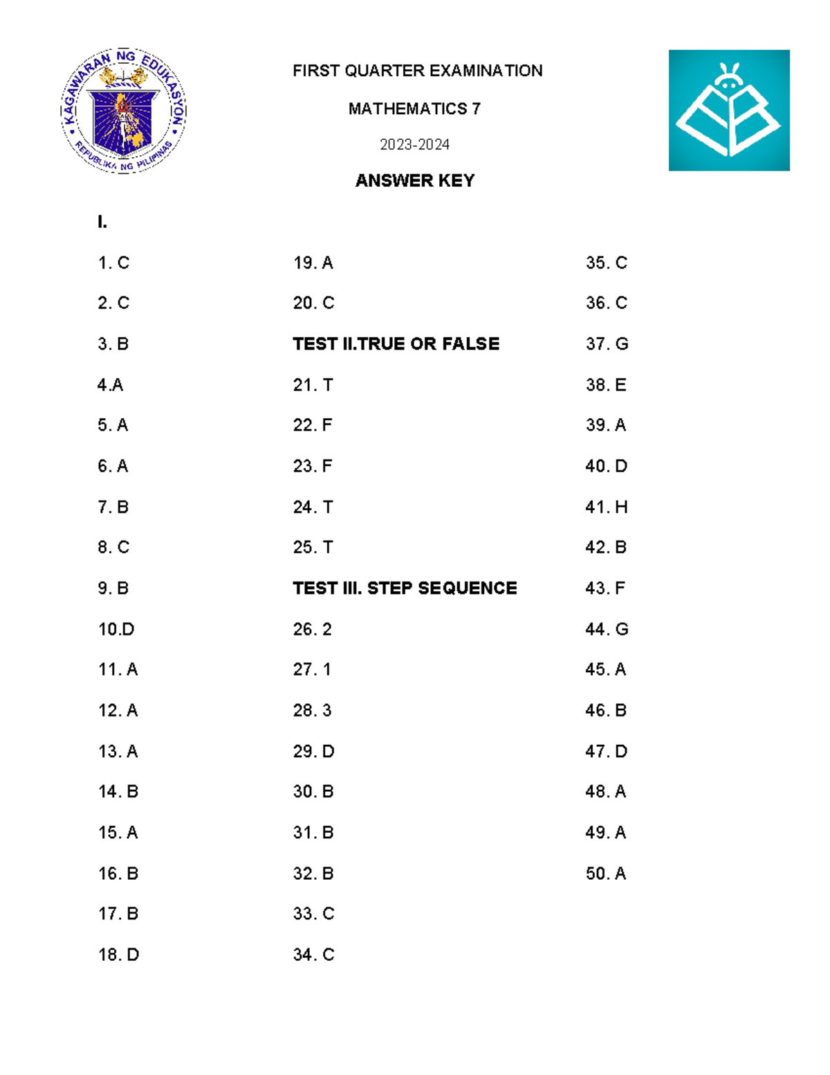MATH 7 1ST Quarter EXAM Answer KEY - bachelor of secondary education ...