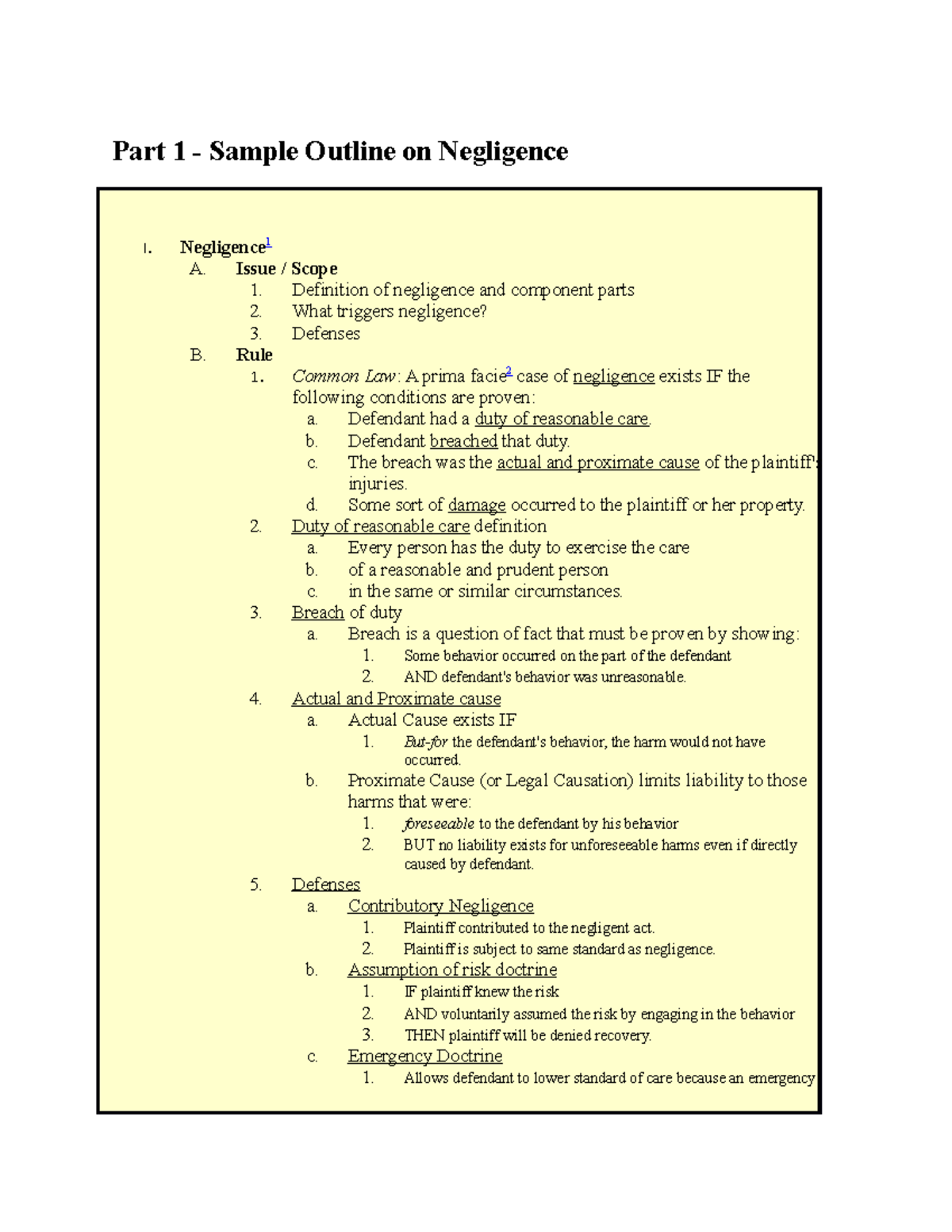 sample outline for Neglience law - Part 1 - Sample Outline on ...
